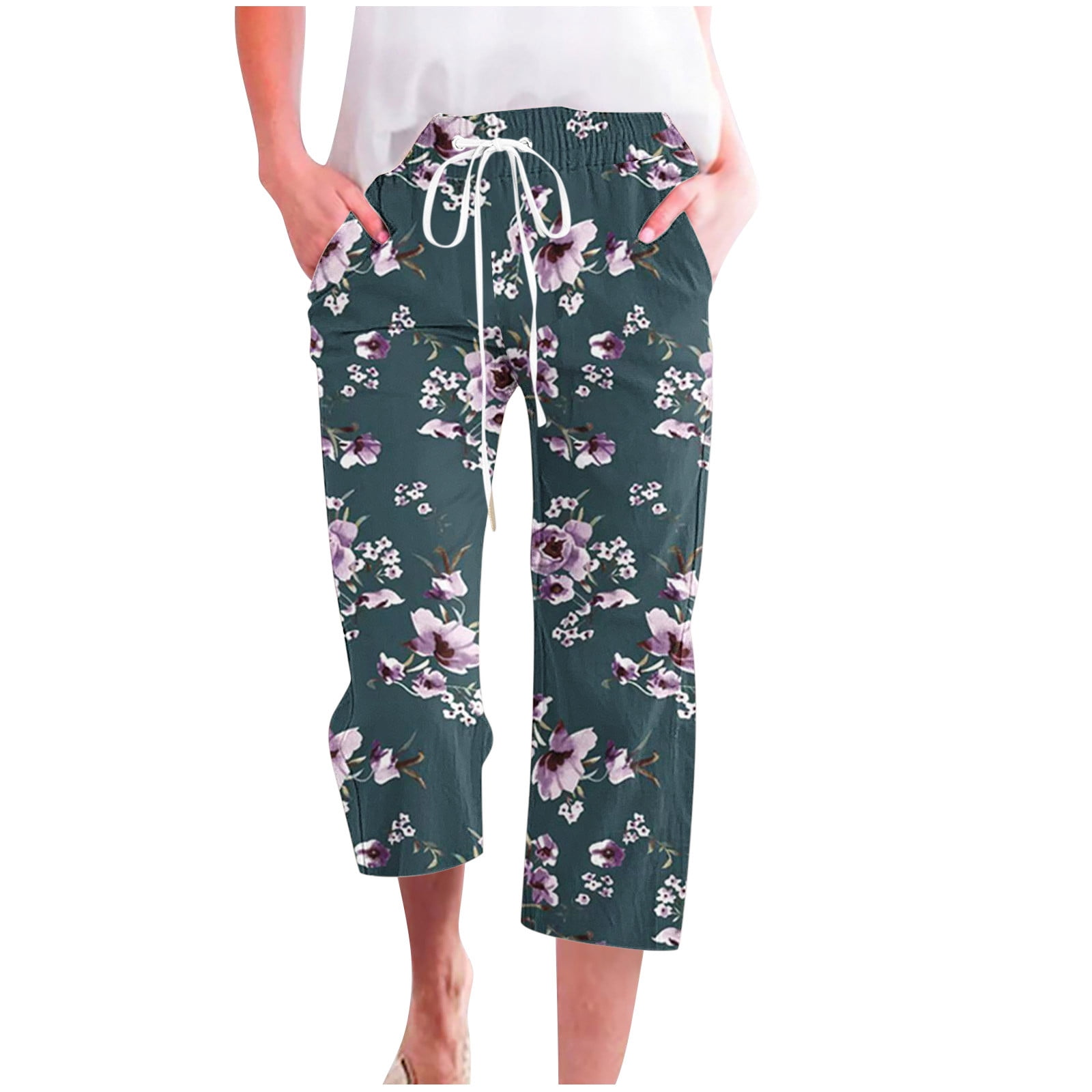 Women Capri Linen Cropped Trousers Hawaiian Beach Pants with Pocket ...