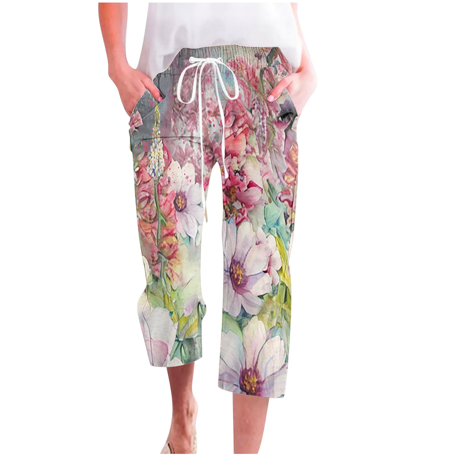 Women Capri Linen Cropped Trousers Hawaiian Beach Pants with Pocket ...