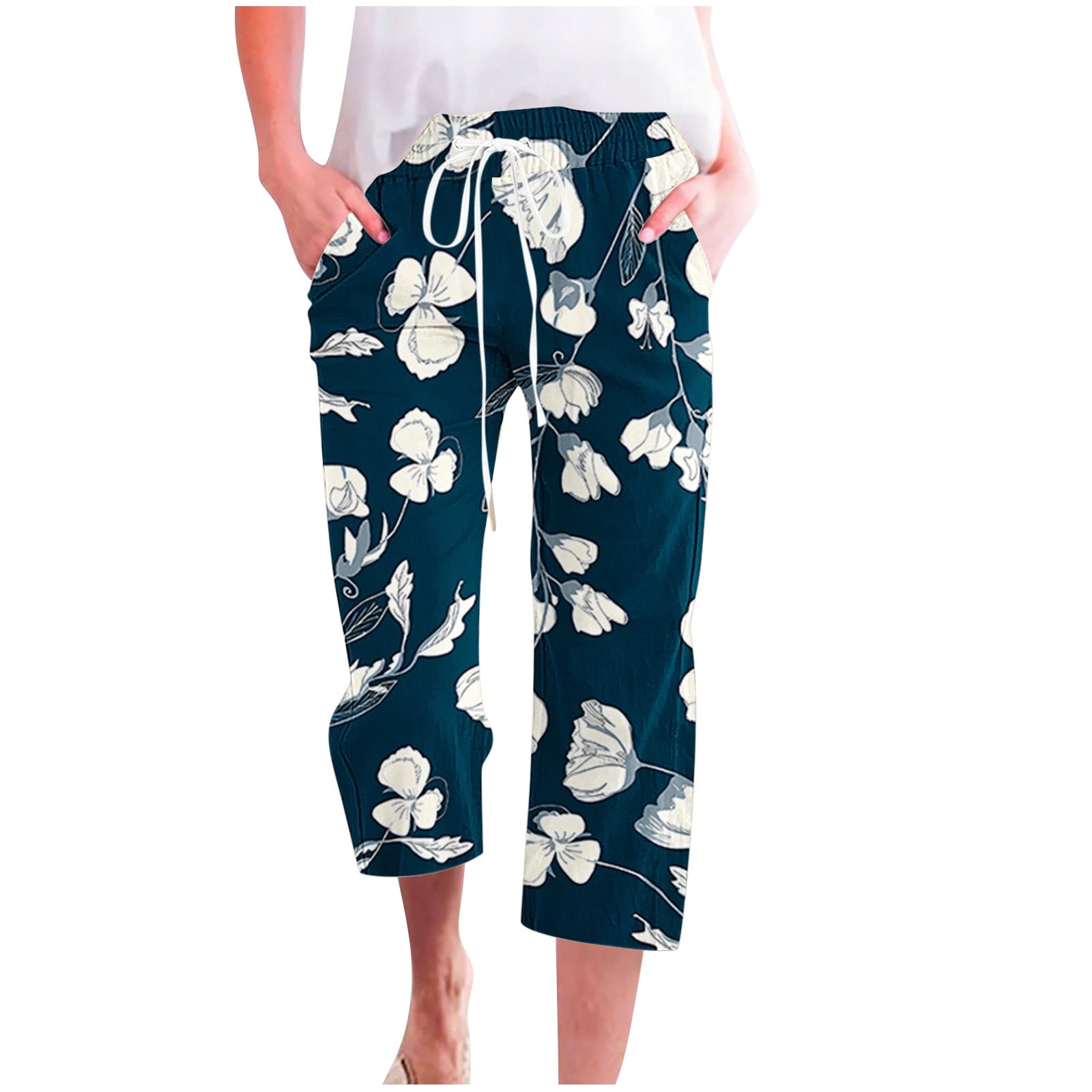 Women Capri Linen Cropped Trousers Hawaiian Beach Pants with Pocket ...