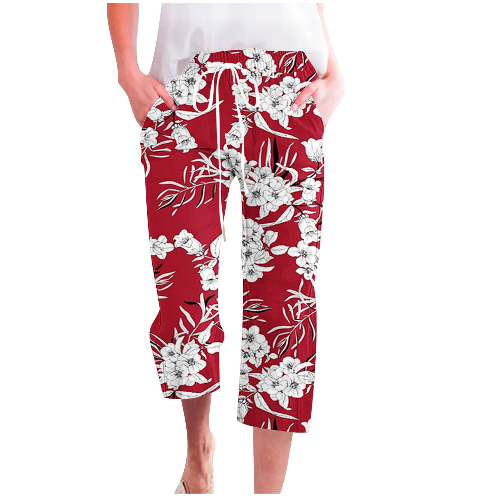 Women Capri Linen Cropped Trousers Hawaiian Beach Pants with Pocket ...