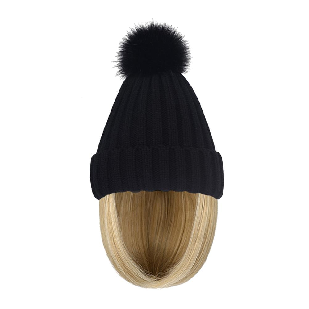 Women Caps with Hair Knit Beanie Cap with Extensions Short Straight ...
