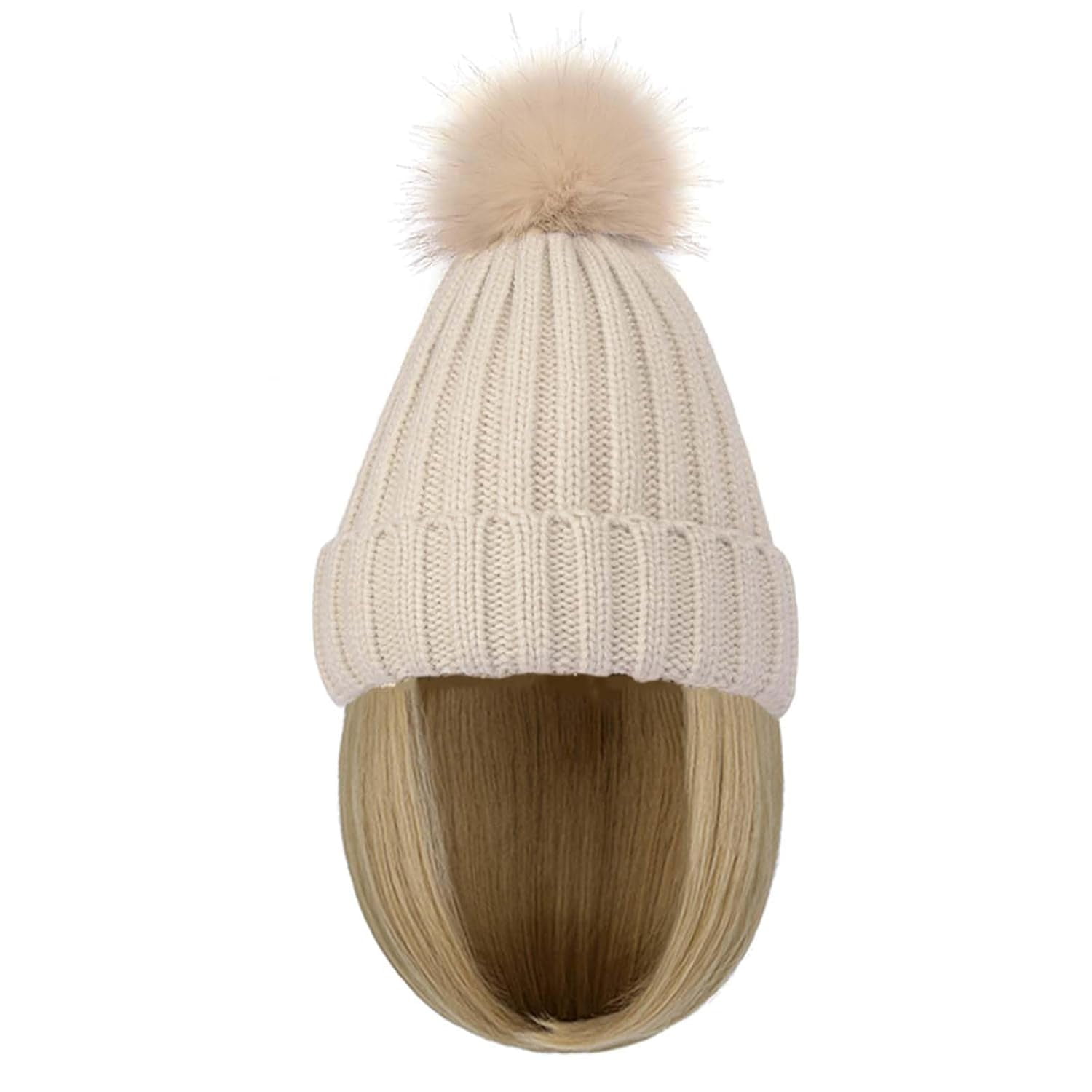 Women Caps with Hair Knit Beanie Cap with Extensions Short Straight ...