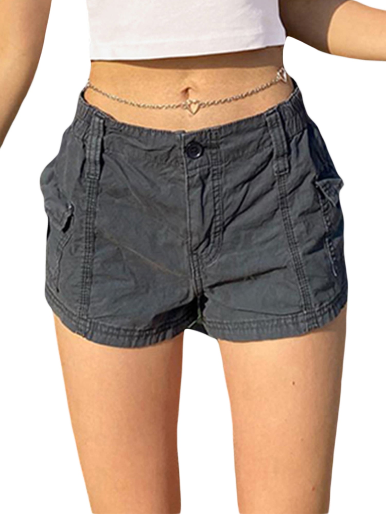 Women Cargo Low-rise Shorts Solid Color Vintage Elastic Low Waist ...
