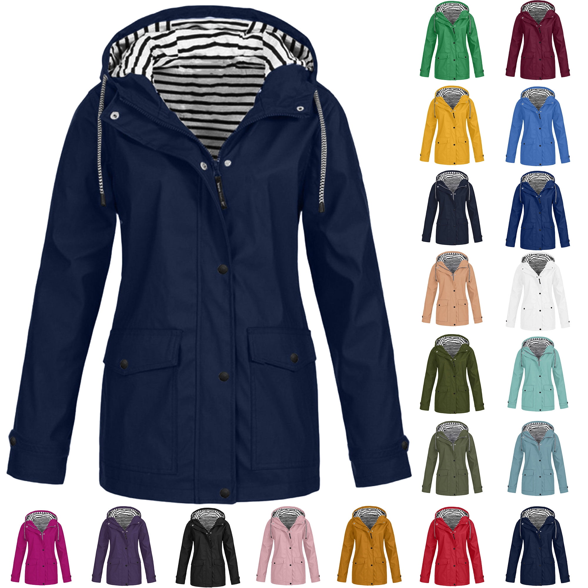 Women Casaul Solid Jackets Outdoor Plus Size Drawstring Zipper Hooded ...