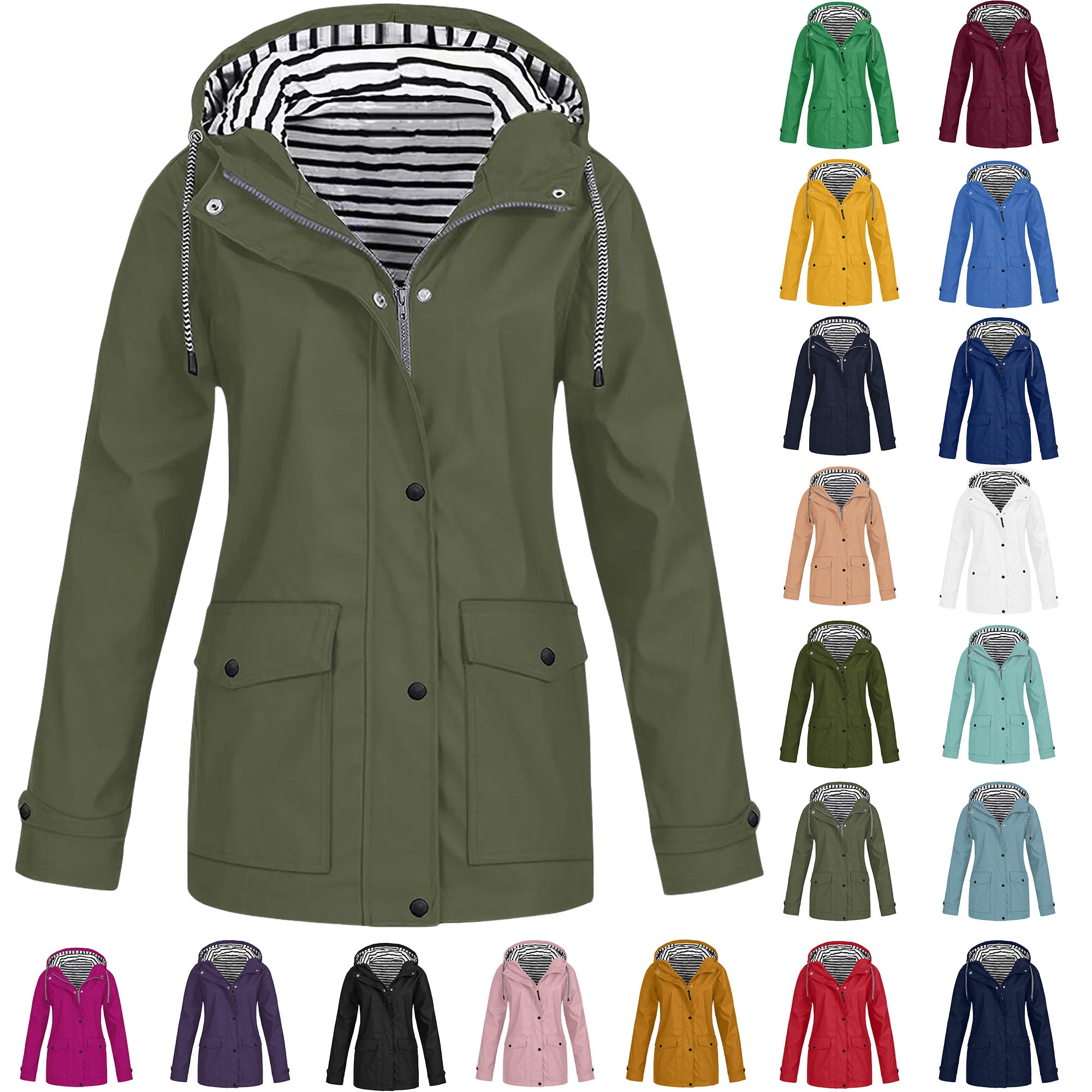 Women Casaul Solid Jackets Outdoor Plus Size Drawstring Zipper Hooded ...