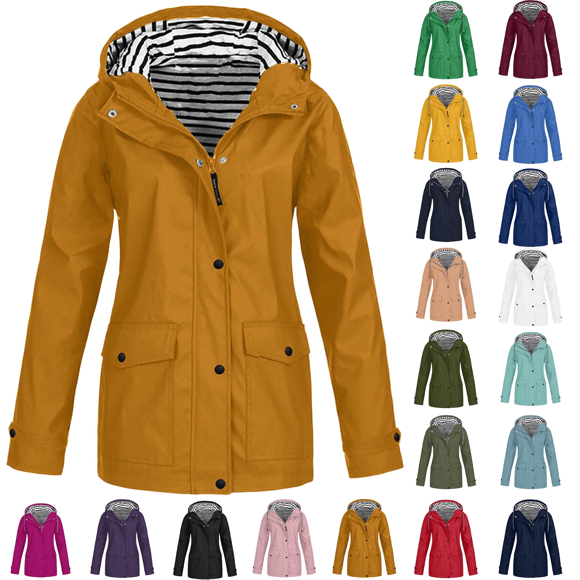 Women Casaul Solid Jackets Outdoor Plus Size Drawstring Zipper Hooded ...
