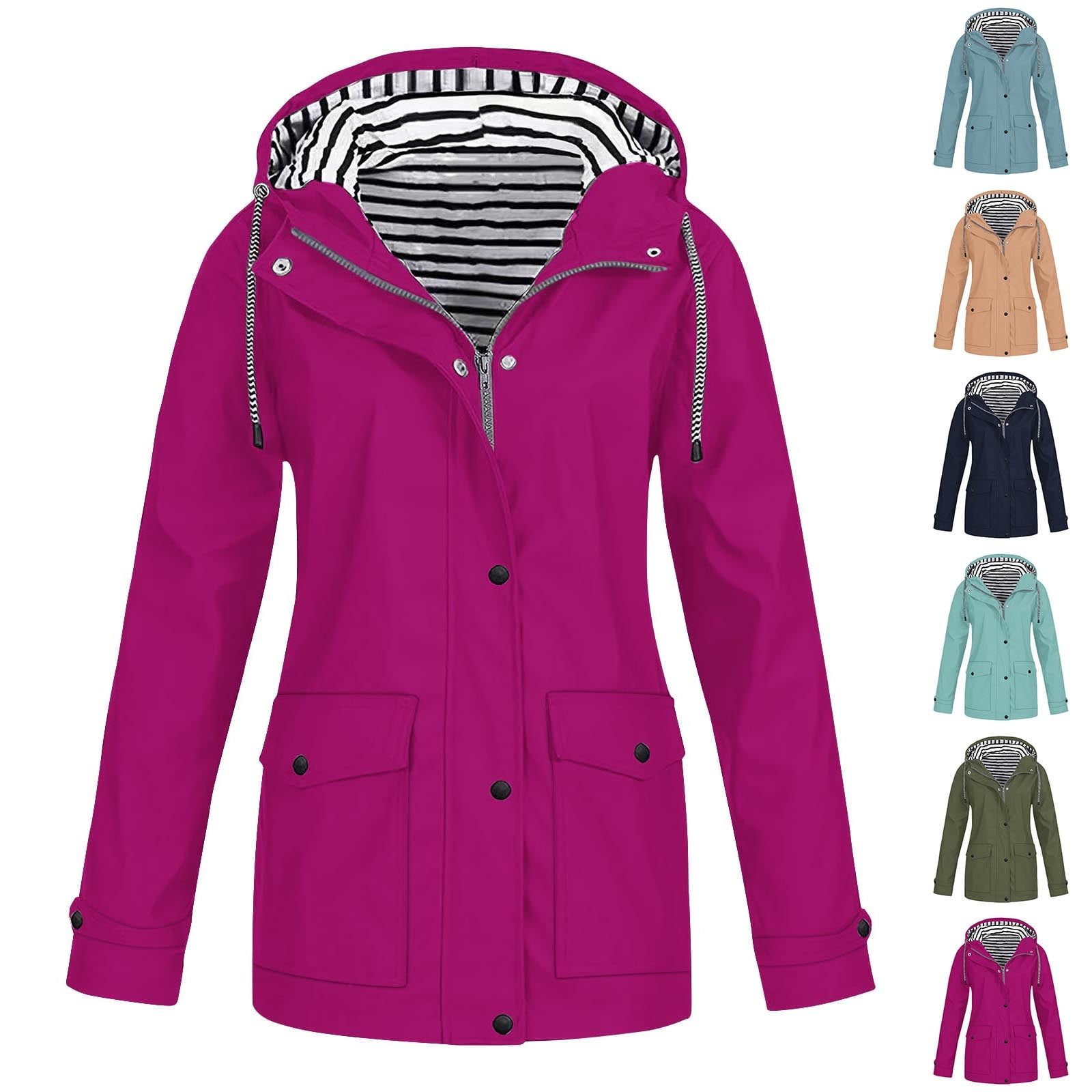 Women Casaul Solid Jackets Outdoor Plus Size Drawstring Zipper Hooded ...