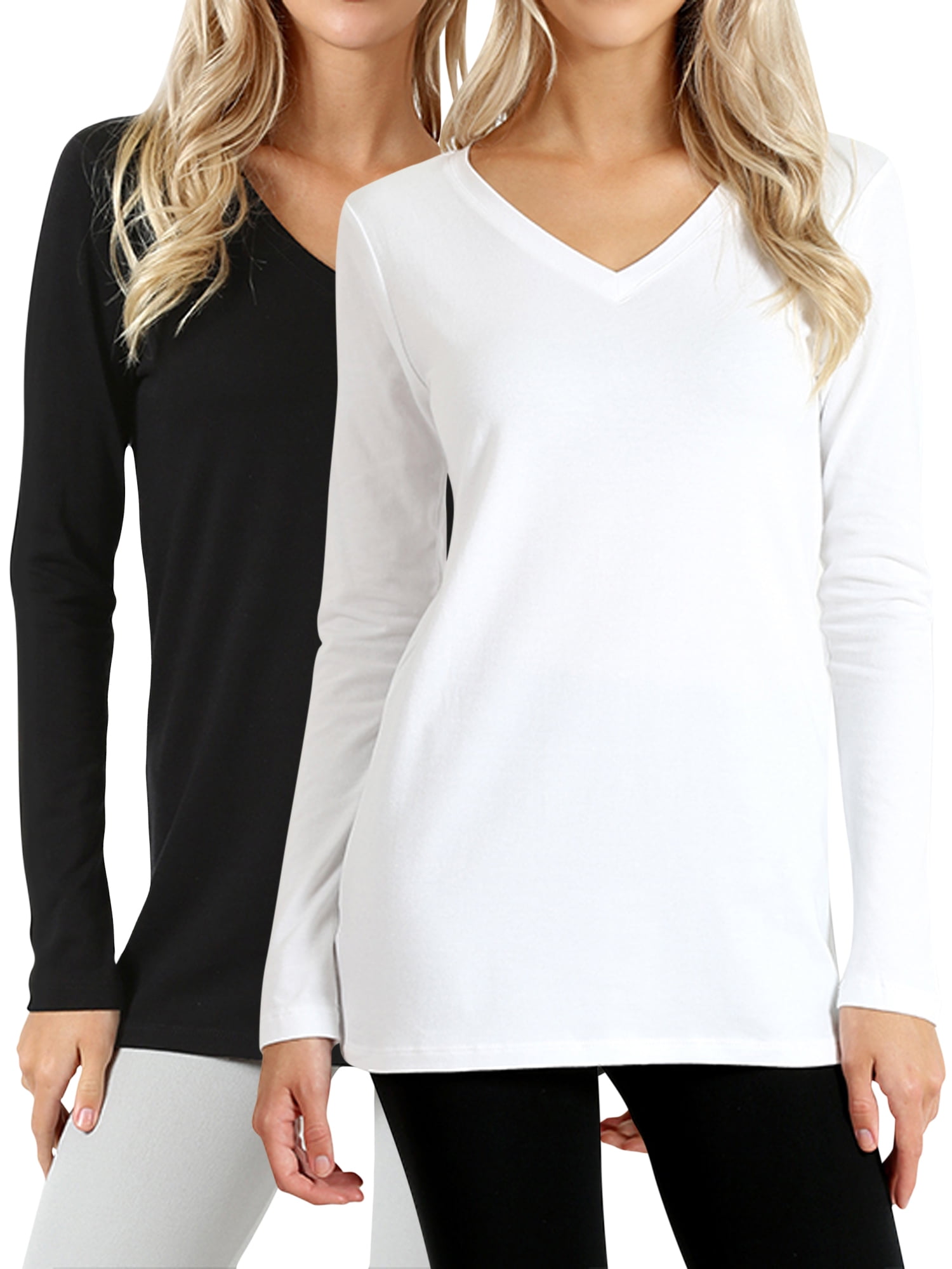Women Casual Basic Cotton Loose Fit V-Neck Long Sleeve T-Shirt Top ...