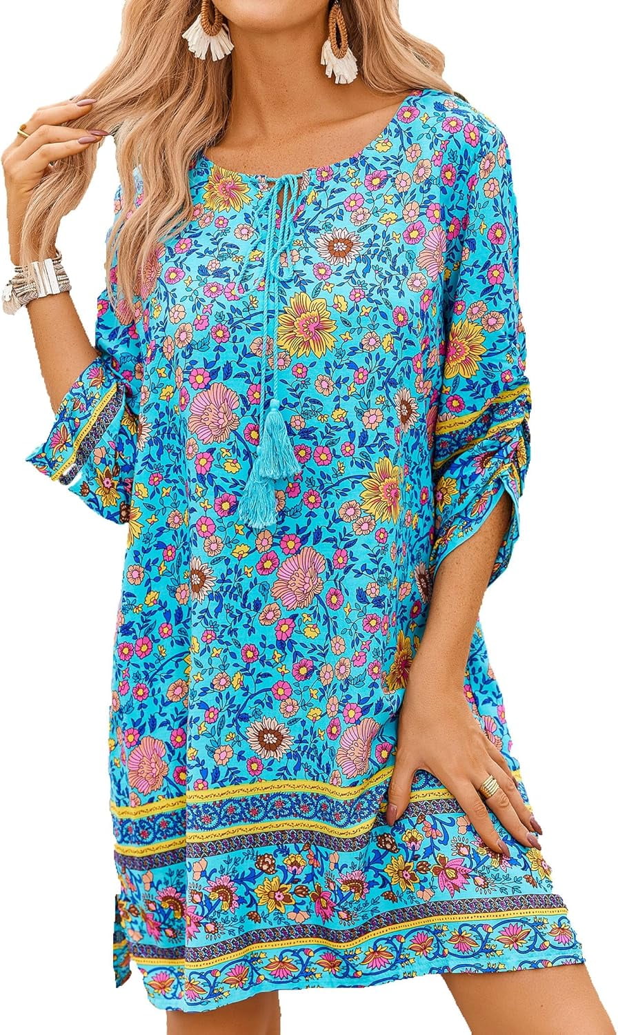 Women Casual Beach Summer Dress Boho Tassel Tie Neck 3/4 Long Sleeve ...