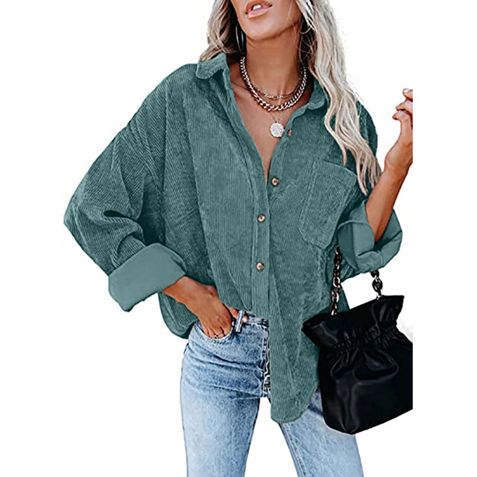 Women Casual Corduroy Shirt Oversize Ladies Shacket Jacket Long Sleeve ...