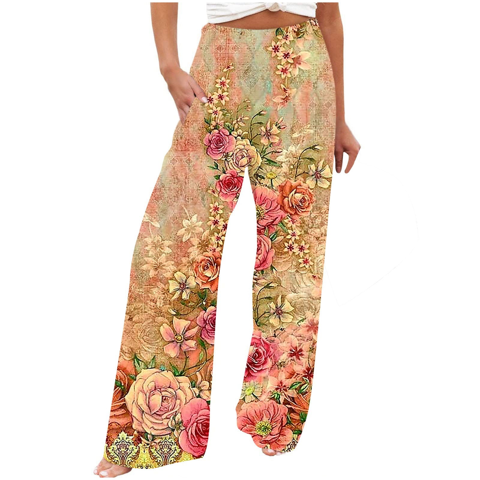 Women Casual Cotton Linen High Waisted Palazzo Bohemian Floral Print ...