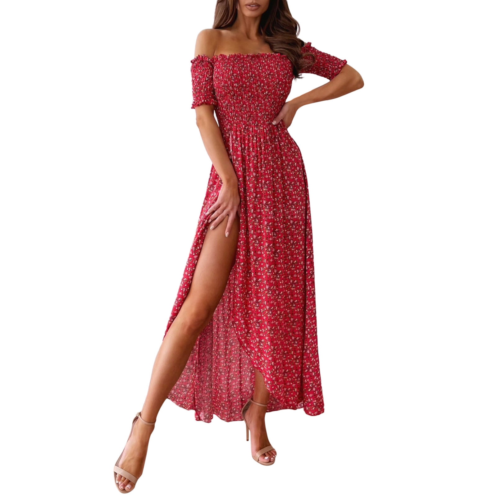 Women Casual Dress High Slit Sexy Off Shoulder Sleeveless Print Floral ...