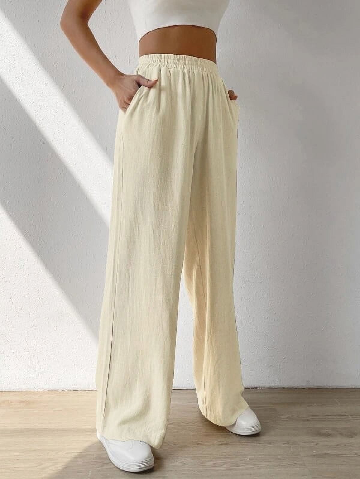 Women Casual Elastic Waist Loose Paper Bag Pants with Pockets Beige S ...