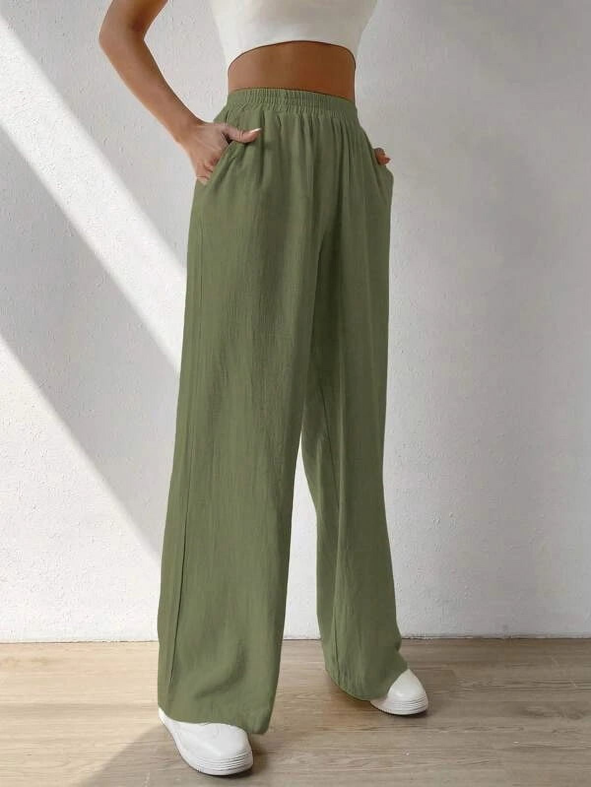 Women Casual Elastic Waist Loose Paper Bag Pants with Pockets Green M ...