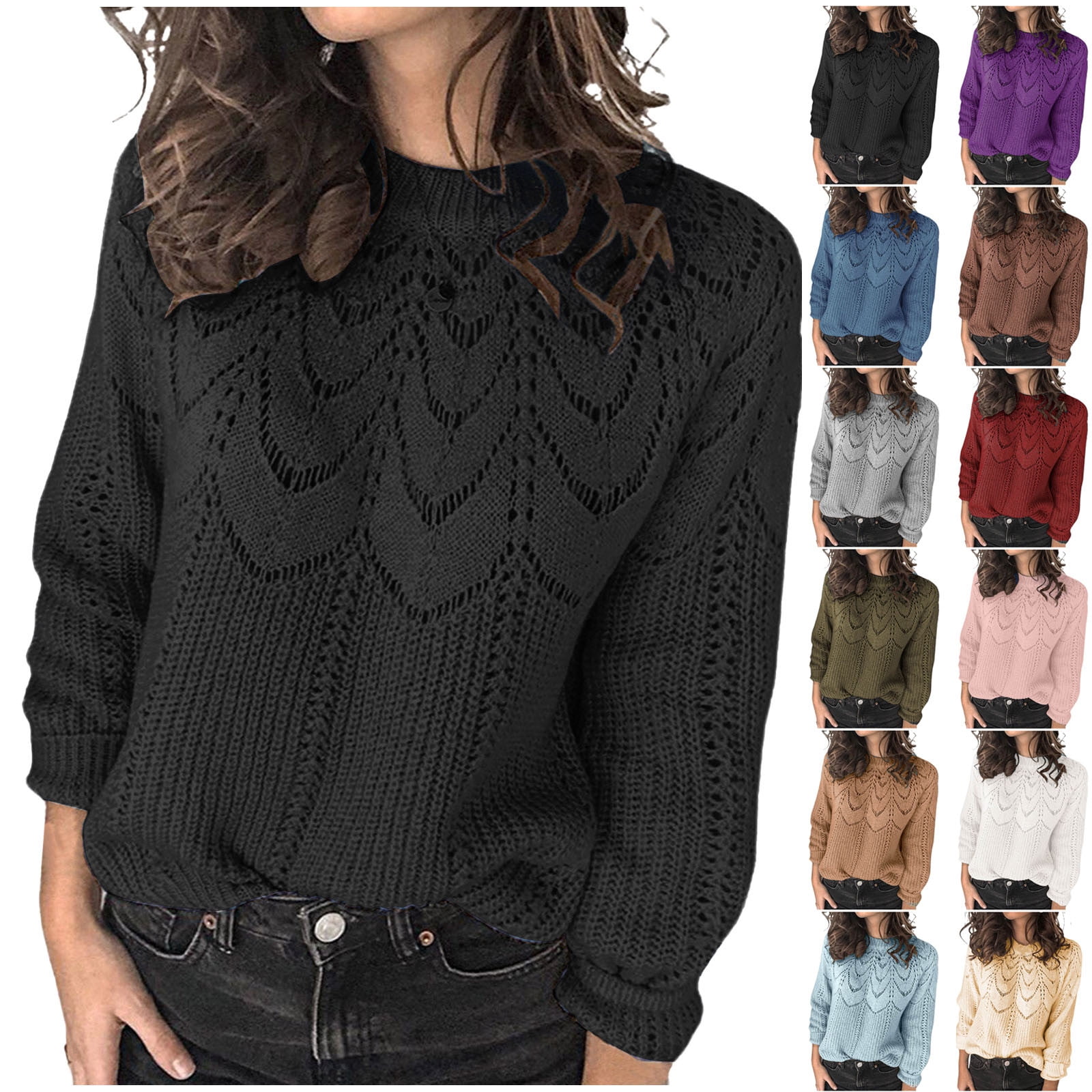Women Casual Fashion Pullover Long Sleeve Round-Neck Knitted Sweater ...