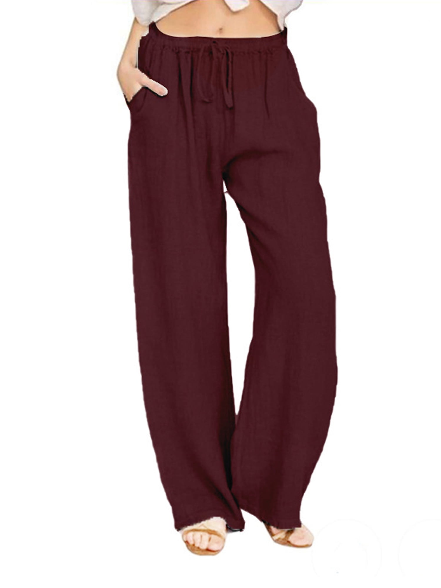 Women Casual Flax Pants Solid Color Plus Size High Waist Drawstring ...