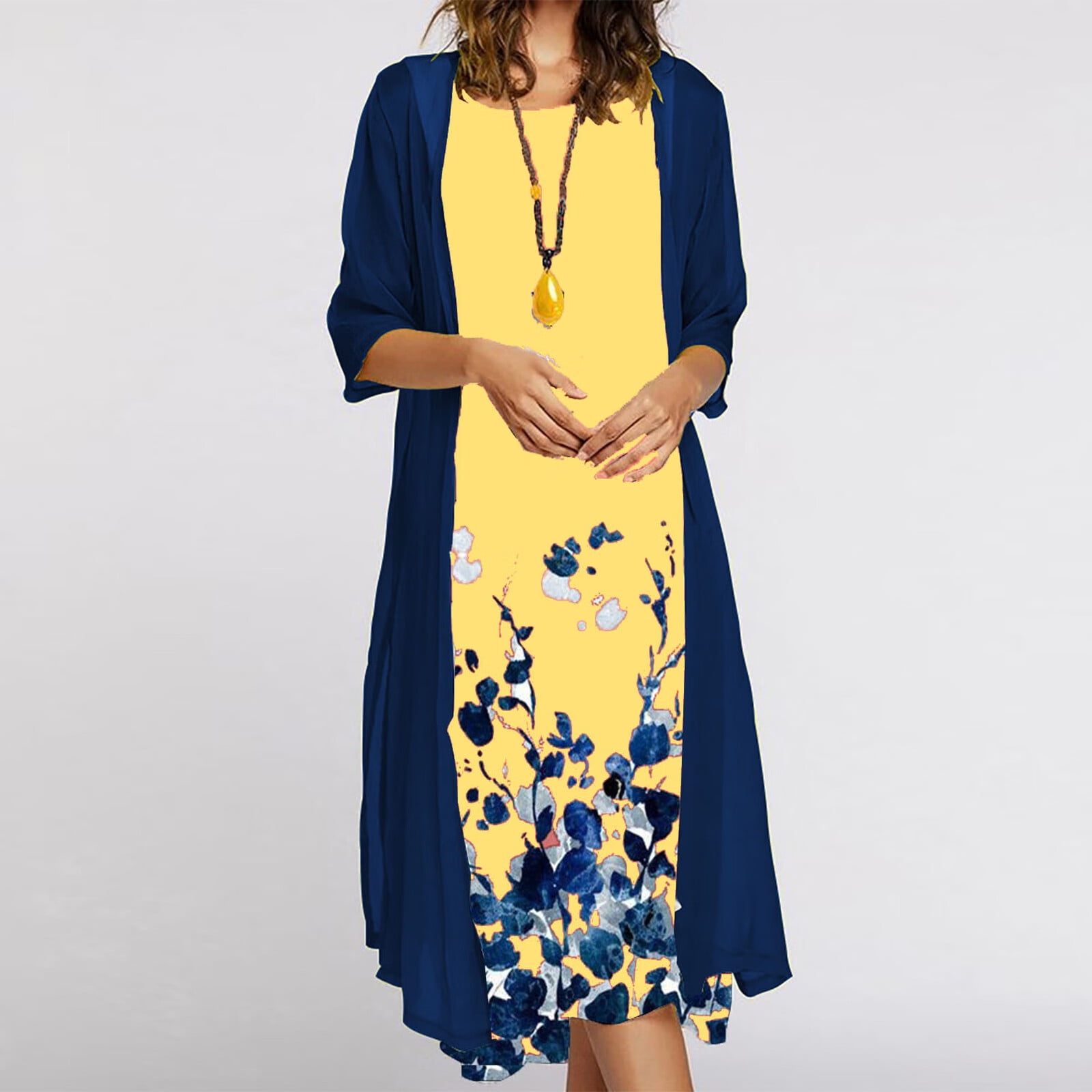 Women Casual Floral Print Sleeveles Dress Solid Chiffon Two-Piece Set 2 ...