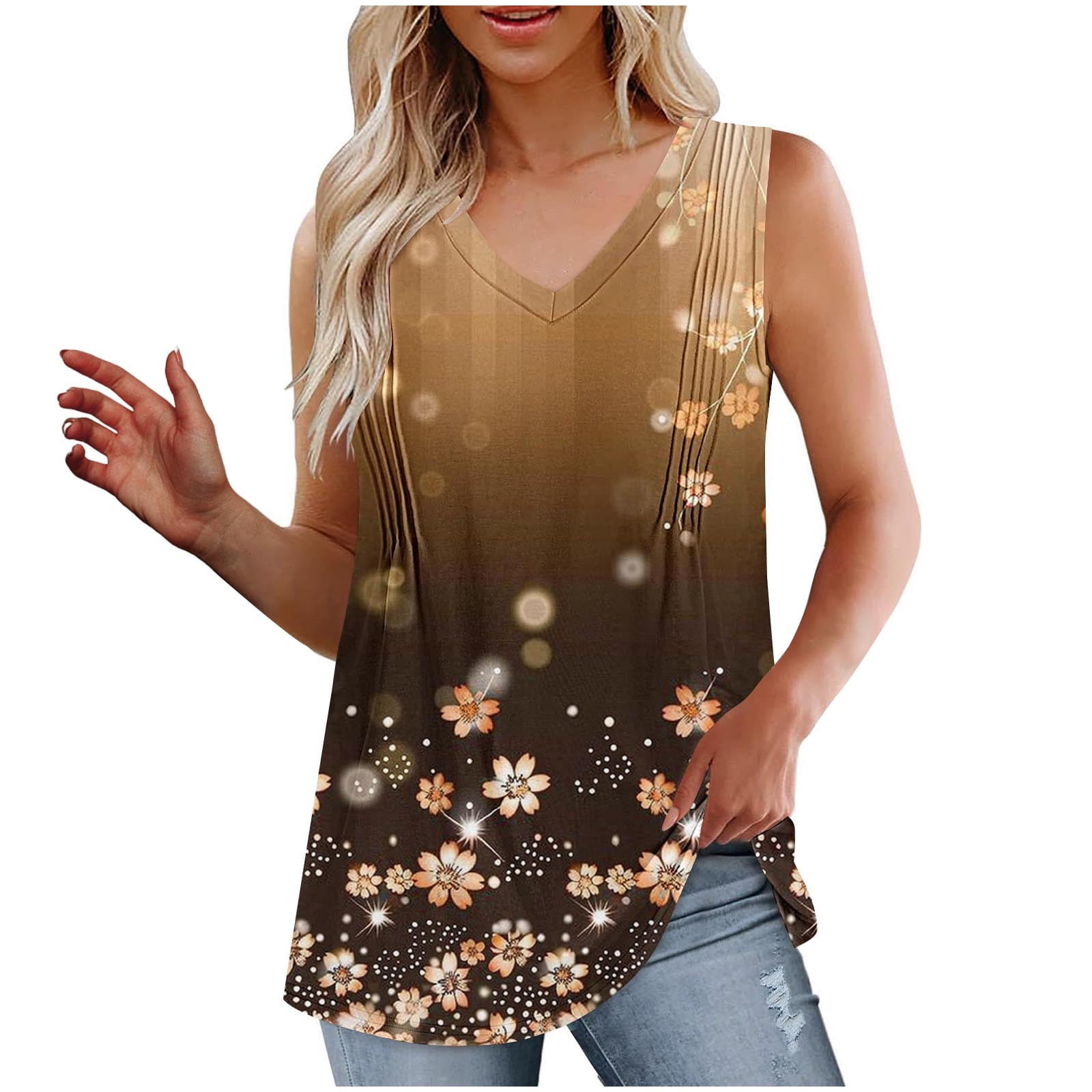 Women Casual Floral Printed Tanks Pleated Shoulder Camisole V-Neck Top Sleeveless Tunic Tops ...