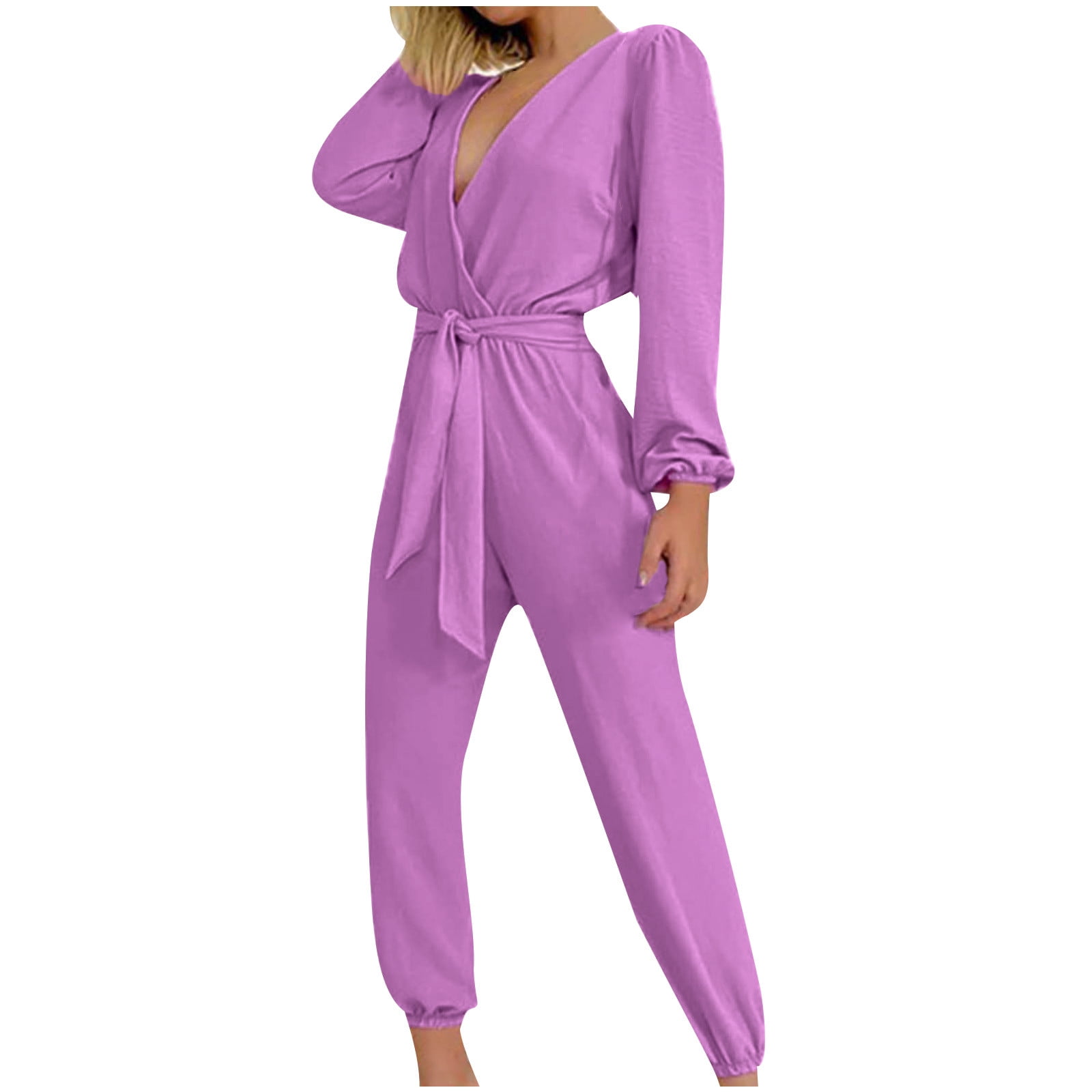 Women Casual Jumpsuits V Neck Long Sleeve Playsuit with Belted Ladies ...