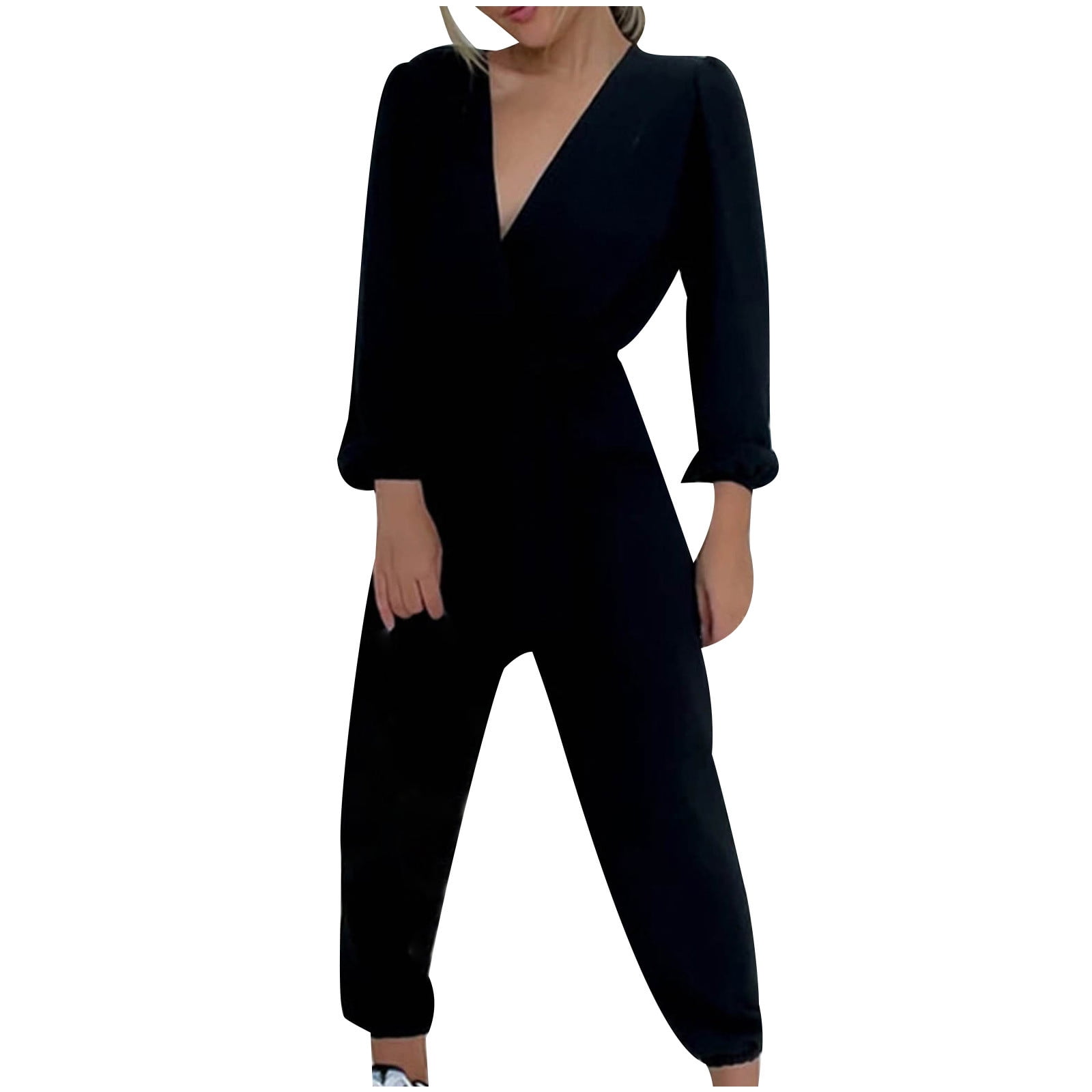 Women Casual Jumpsuits V Neck Long Sleeve Playsuit with Belted Ladies ...