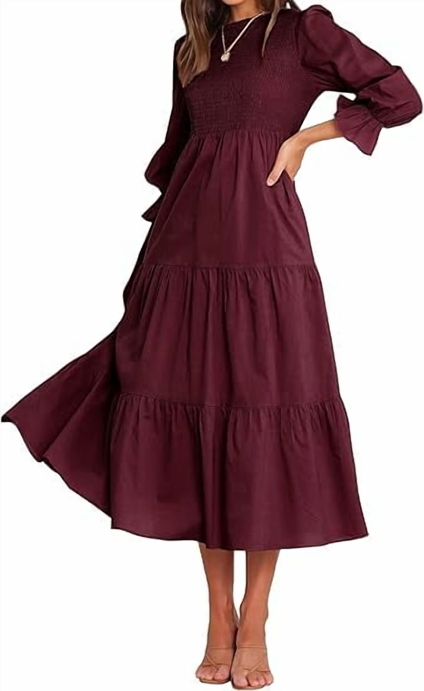 Women Casual Long Sleeve Crew Neck High Waist Fall Dress Tiered Swing ...