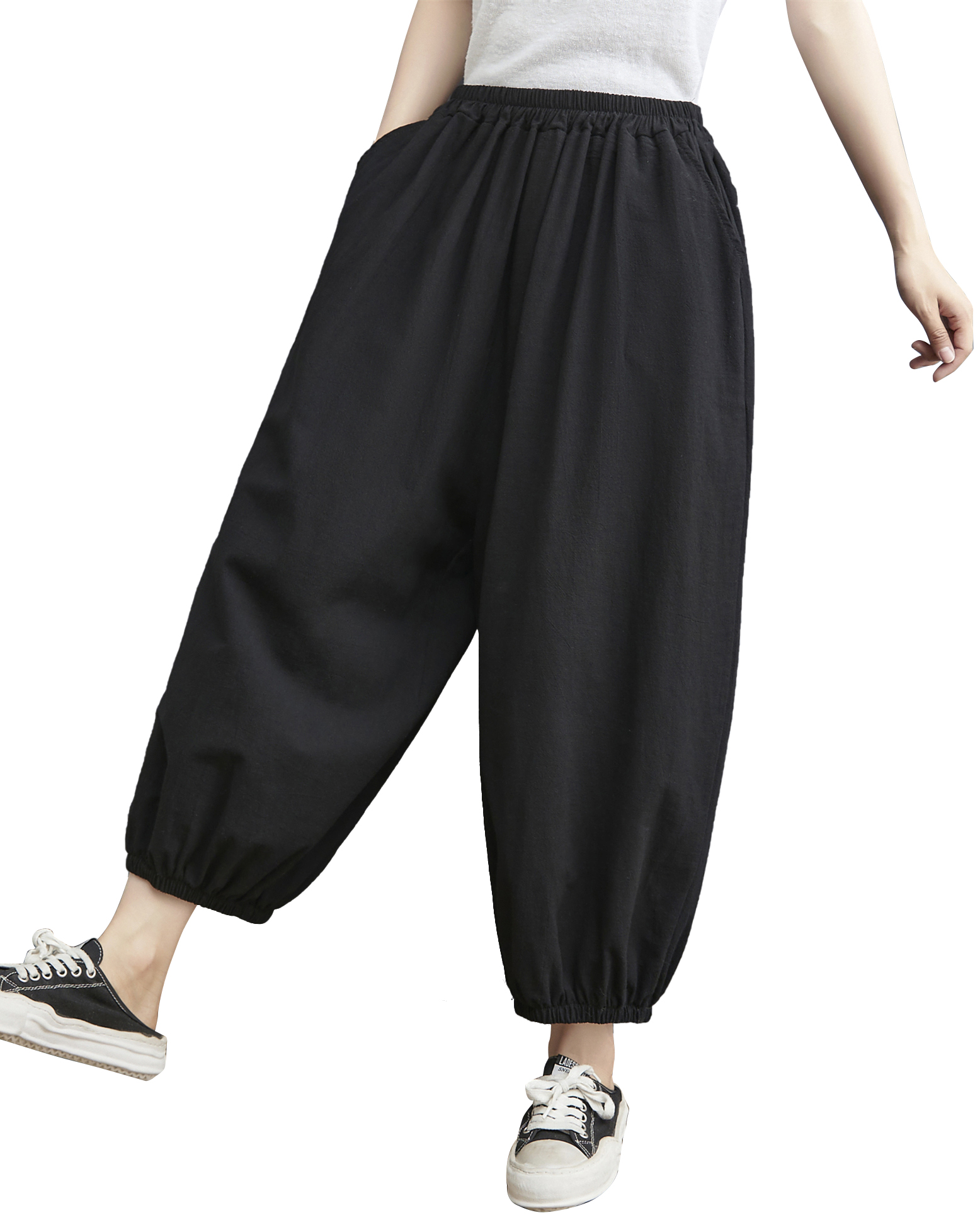 Women Casual Loose High Elastic Waist Pockets Black Wide Leg Harem ...