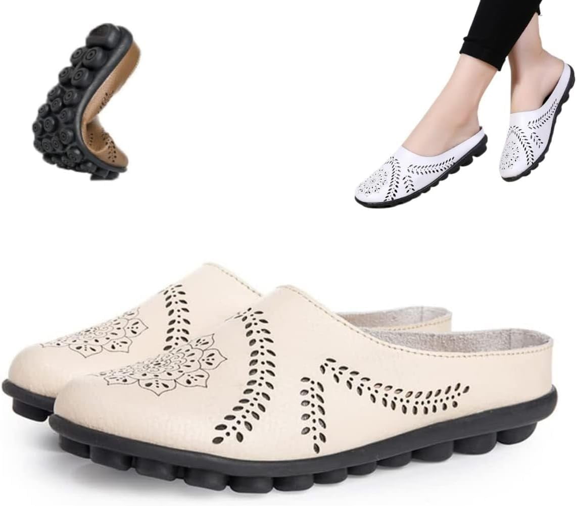 Women Casual Mules Hollow Summer Slippers, Lightweight Comfy Leather ...