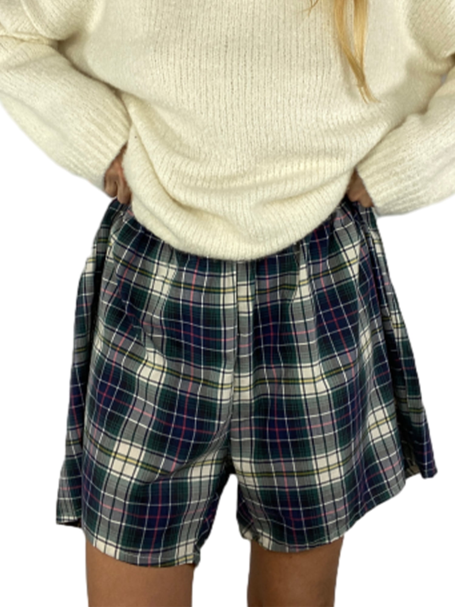 Women Casual Plaid Shorts Elastic High Waist Wide Leg Beach Shorts ...