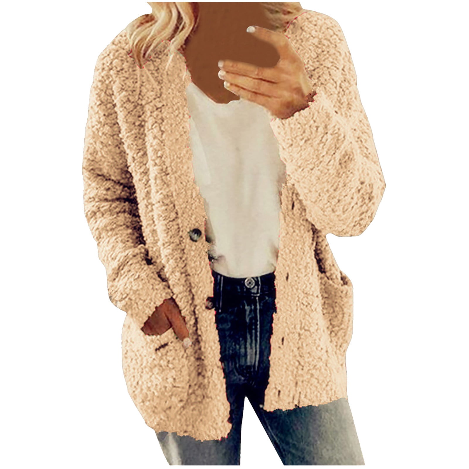 Women Casual Plus Size Warm Up Jacket Women Plush Sweater Pockets ...