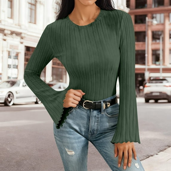 Women Casual Ribbed Knit Shirts Loose Crewneck Bell Long Sleeve ...