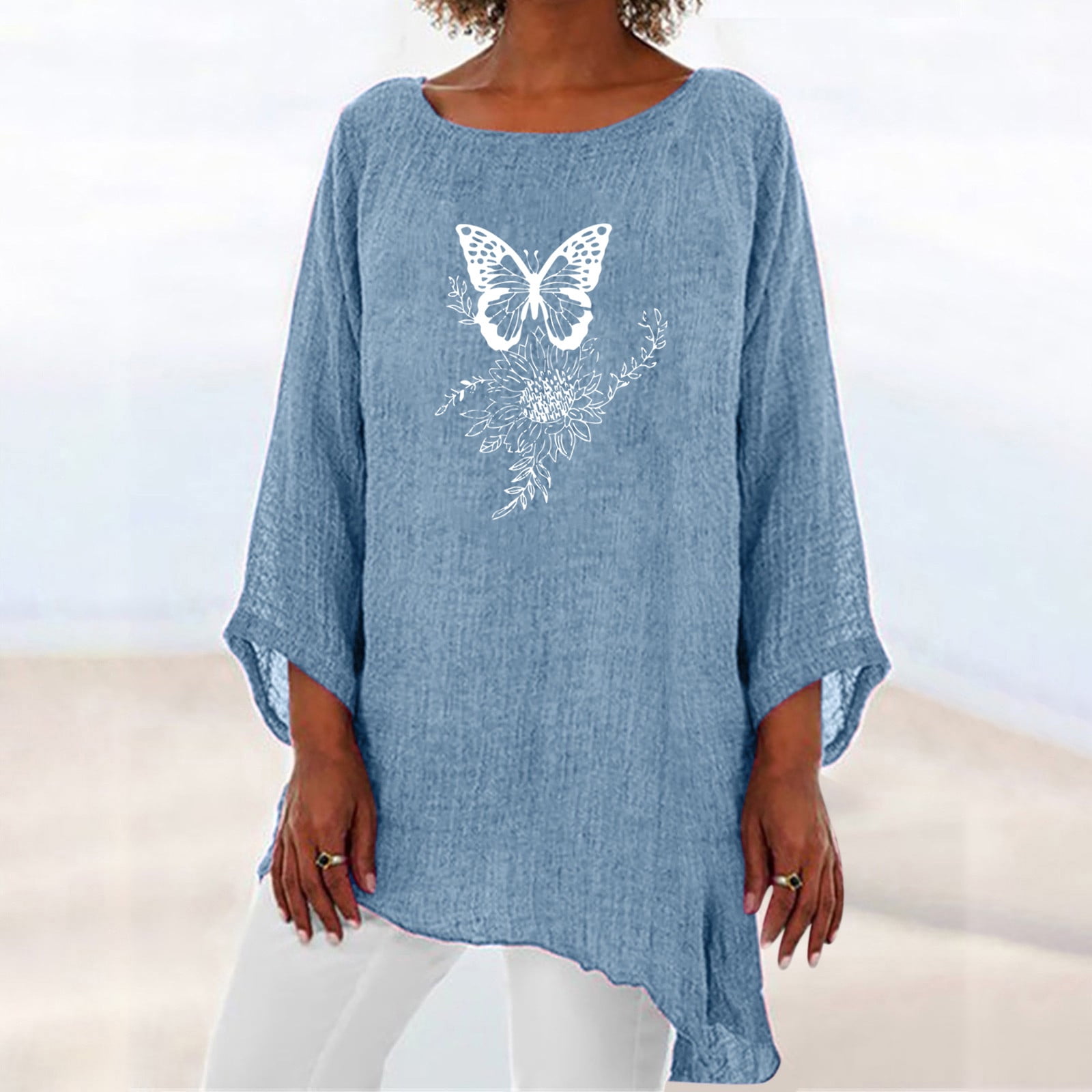 Women Casual Round Neck Dandelion Butterfly Print Three Quarter Sleeve ...