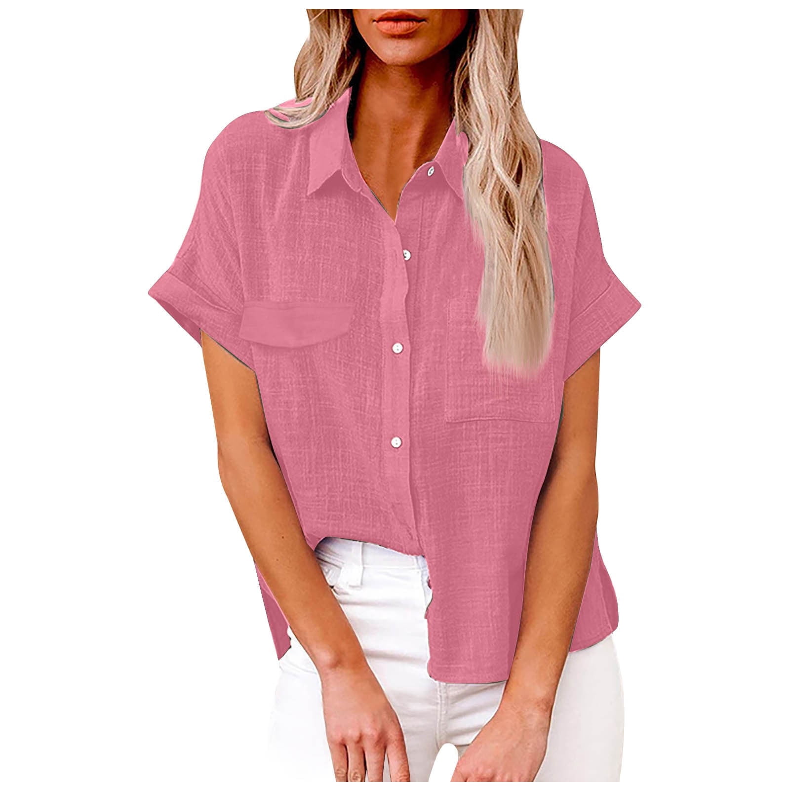 Women Casual Short Sleeve Solid Color Linen Shirt Shirt Top Pocket ...