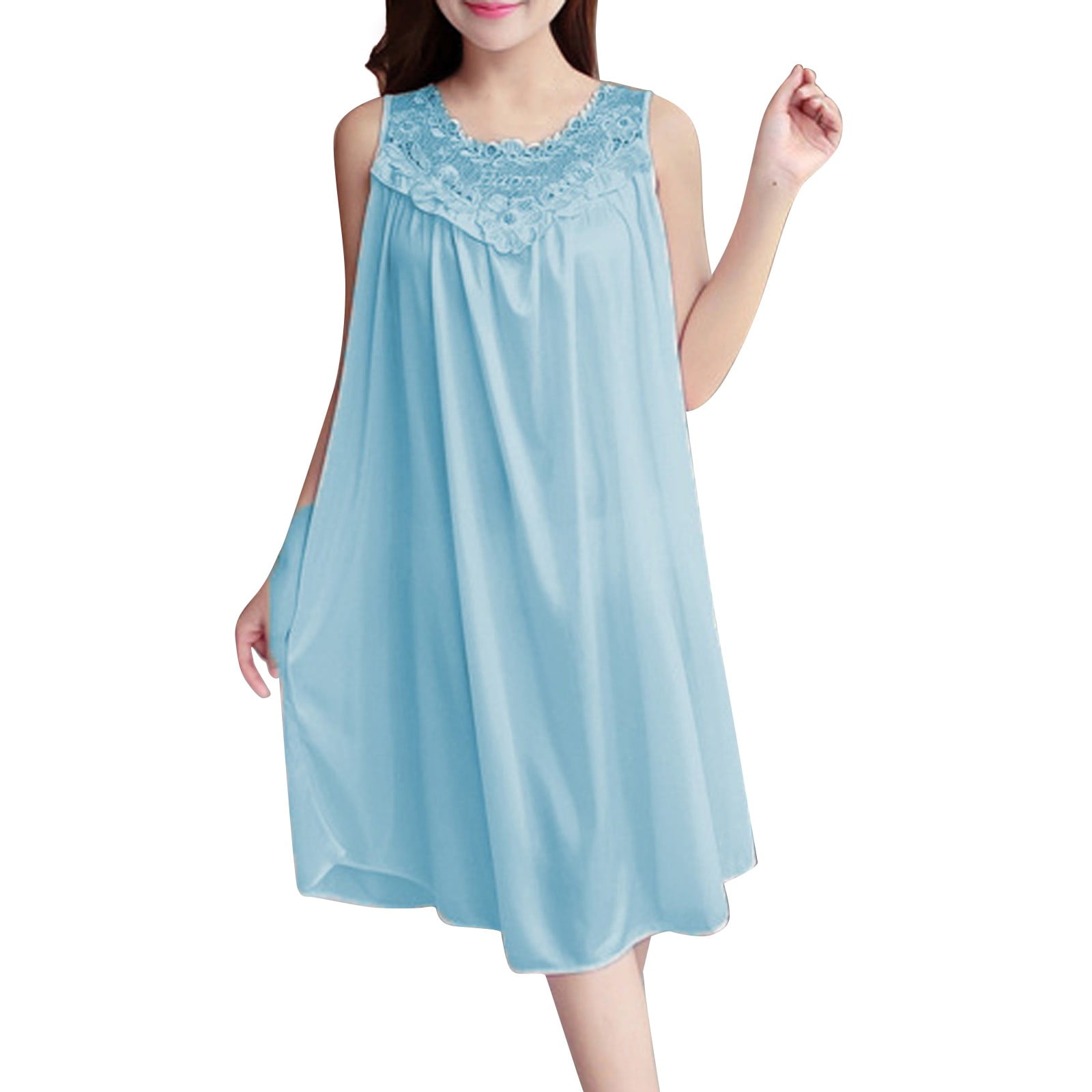 Women Casual Solid Color Sleep Dress Nightgown Nightdress Sleeveless ...