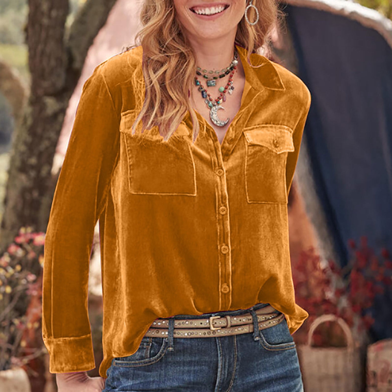 Women Casual Solid Color Tops Ladies Loose Button Down Shirts Retro Top ...
