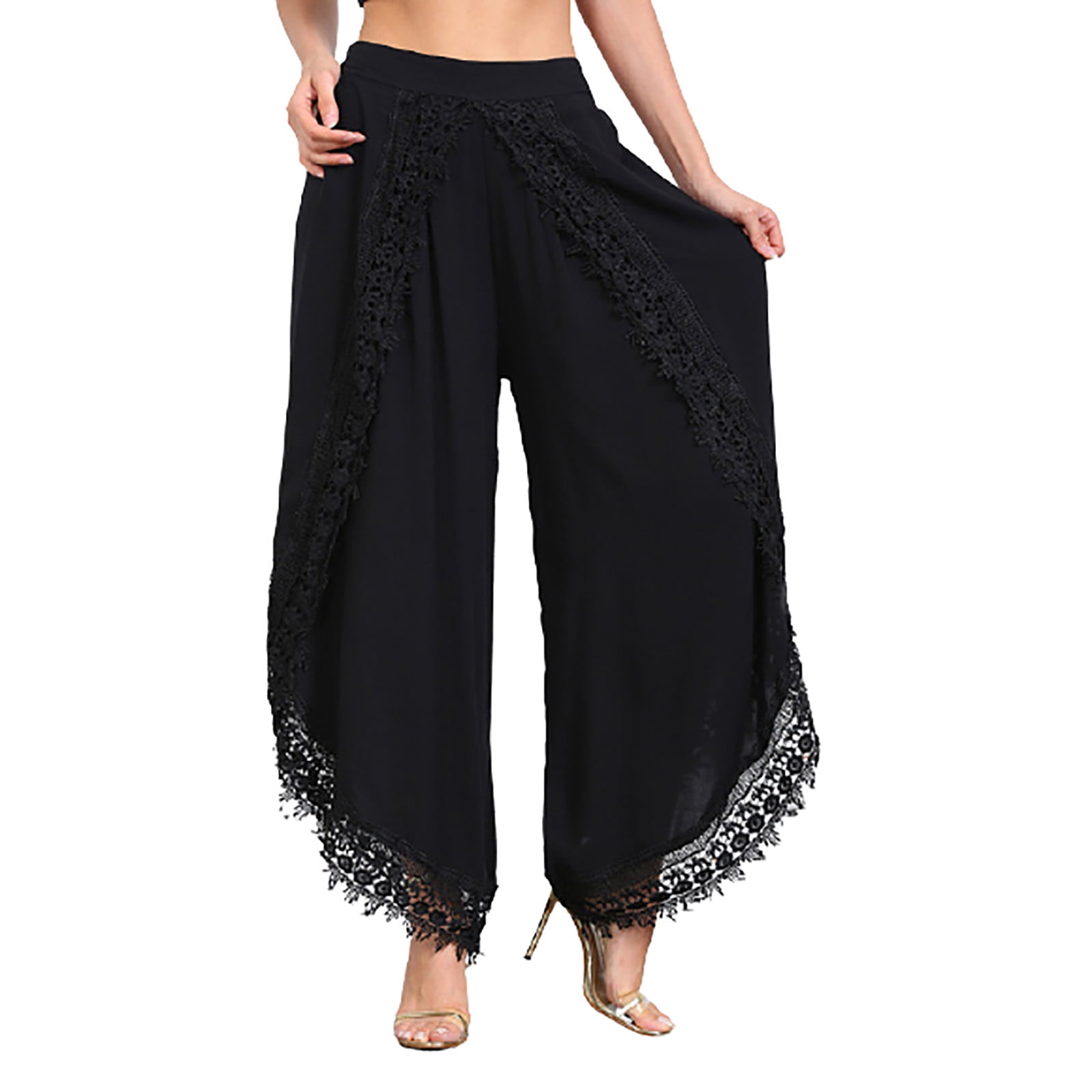 Women Casual Solid Lace Elastic Waist Workout Sports Wide Lag Pants ...