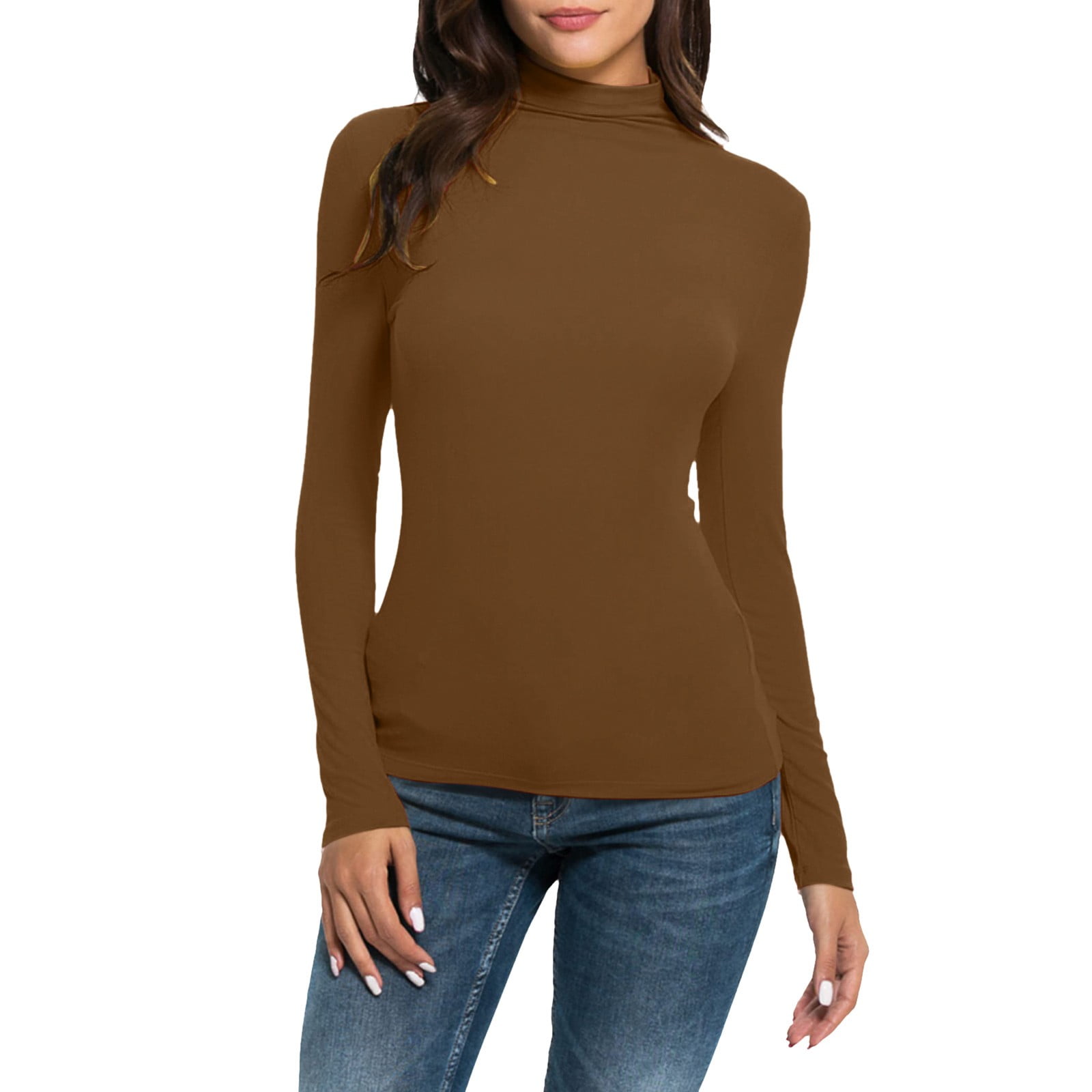 Women Casual Solid Long Sleeve Mock Turtleneck Blouse Tops Slim Fit ...