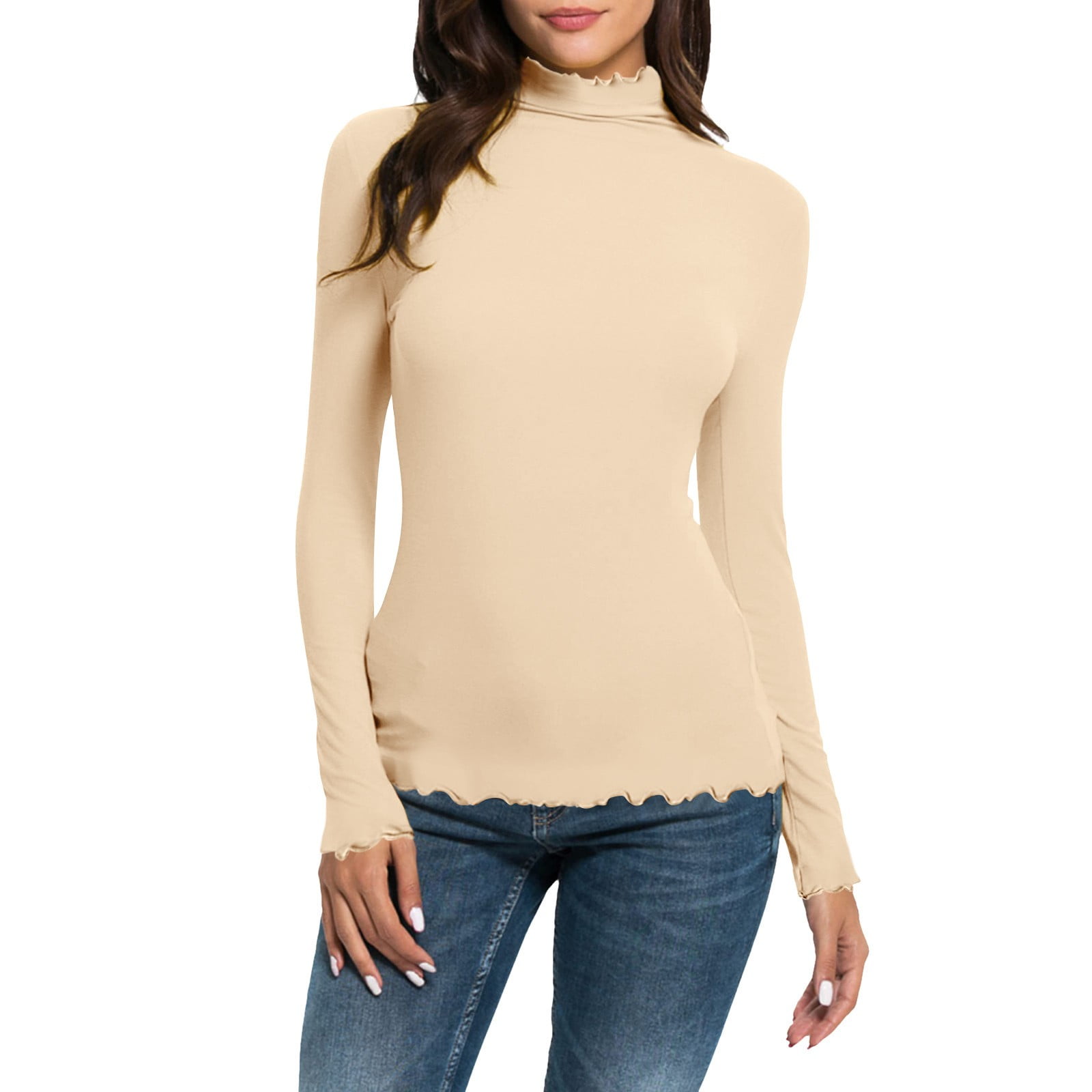 Women Casual Solid Long Sleeve Turtleneck Blouse Tops Slim Fit Stretchy ...