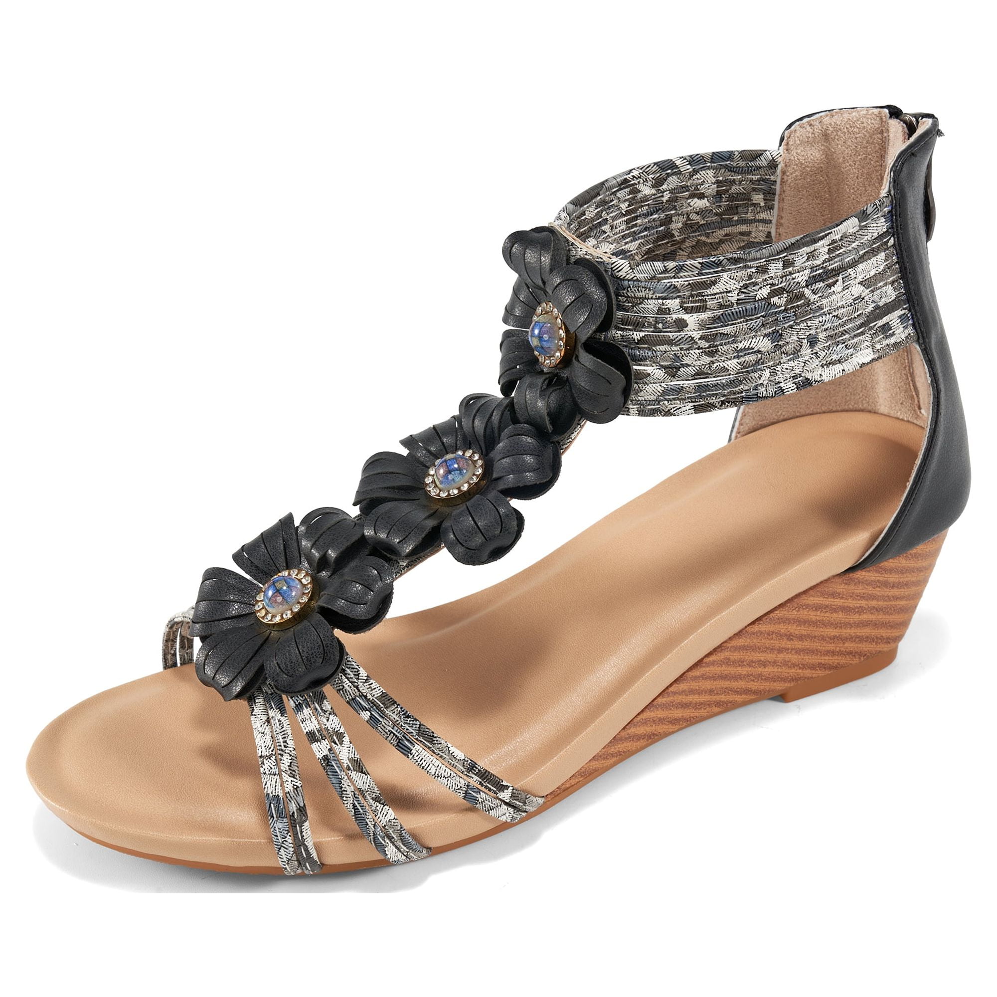 Ecetana Women's Wedge Sandals, Open Toe Summer Shoes, Zipper Back ...