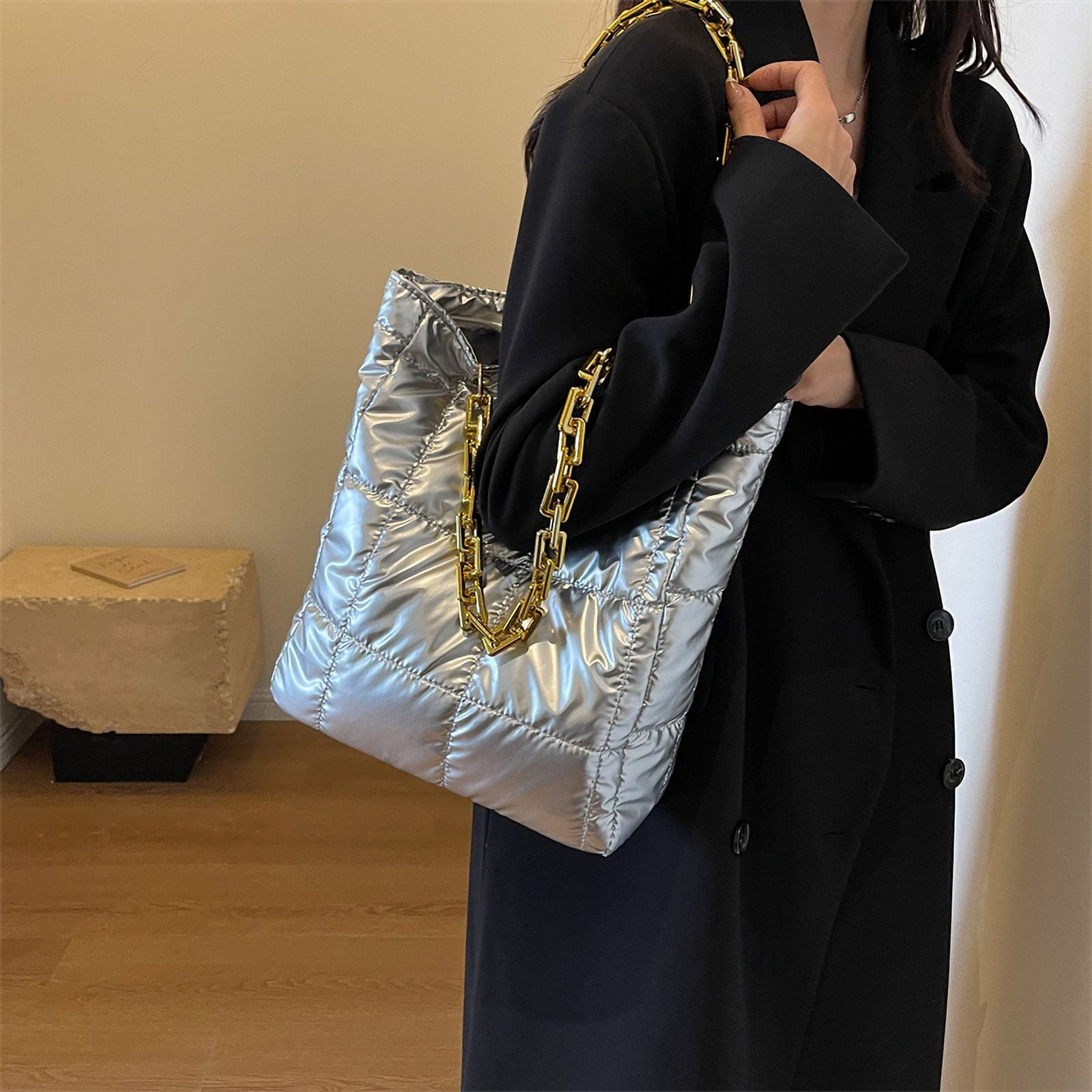 Women Chain Decor Single Shoulder Bag Puffer Tote Bag Shopping Handbags ...