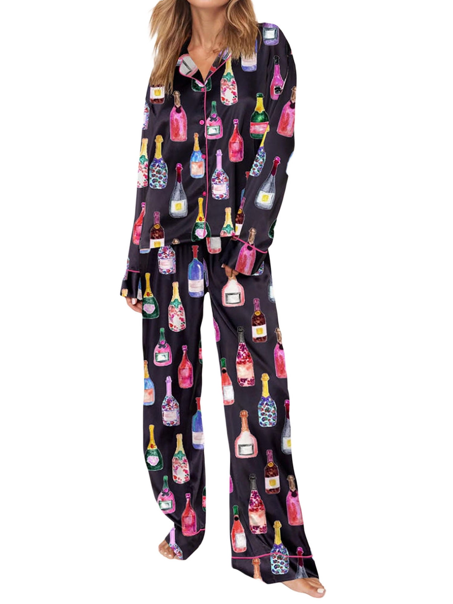 Women Champagne Bottle Pajamas Long Sleeve Wine Glasses Print Button ...