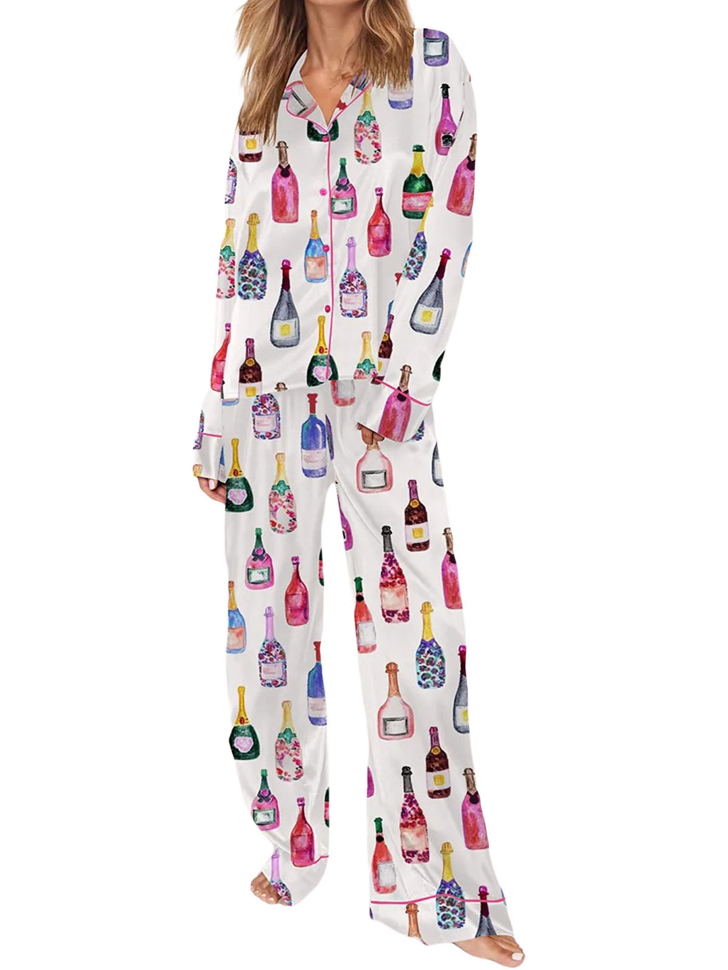 Women Champagne Bottle Pajamas Long Sleeve Wine Glasses Print Button ...