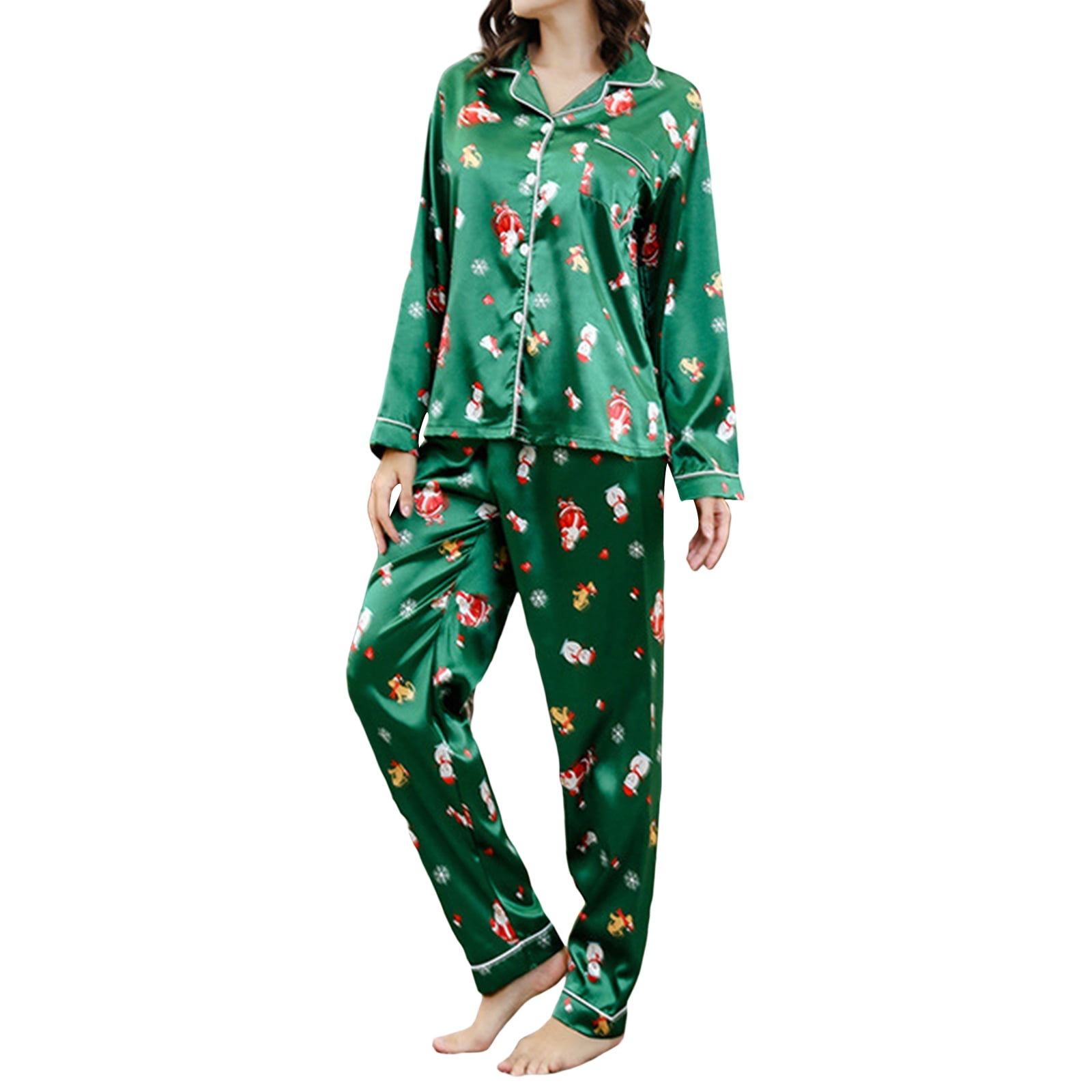Women Christmas 2Pcs Pajamas Satin Gingerbread Man/Santa Print Long ...