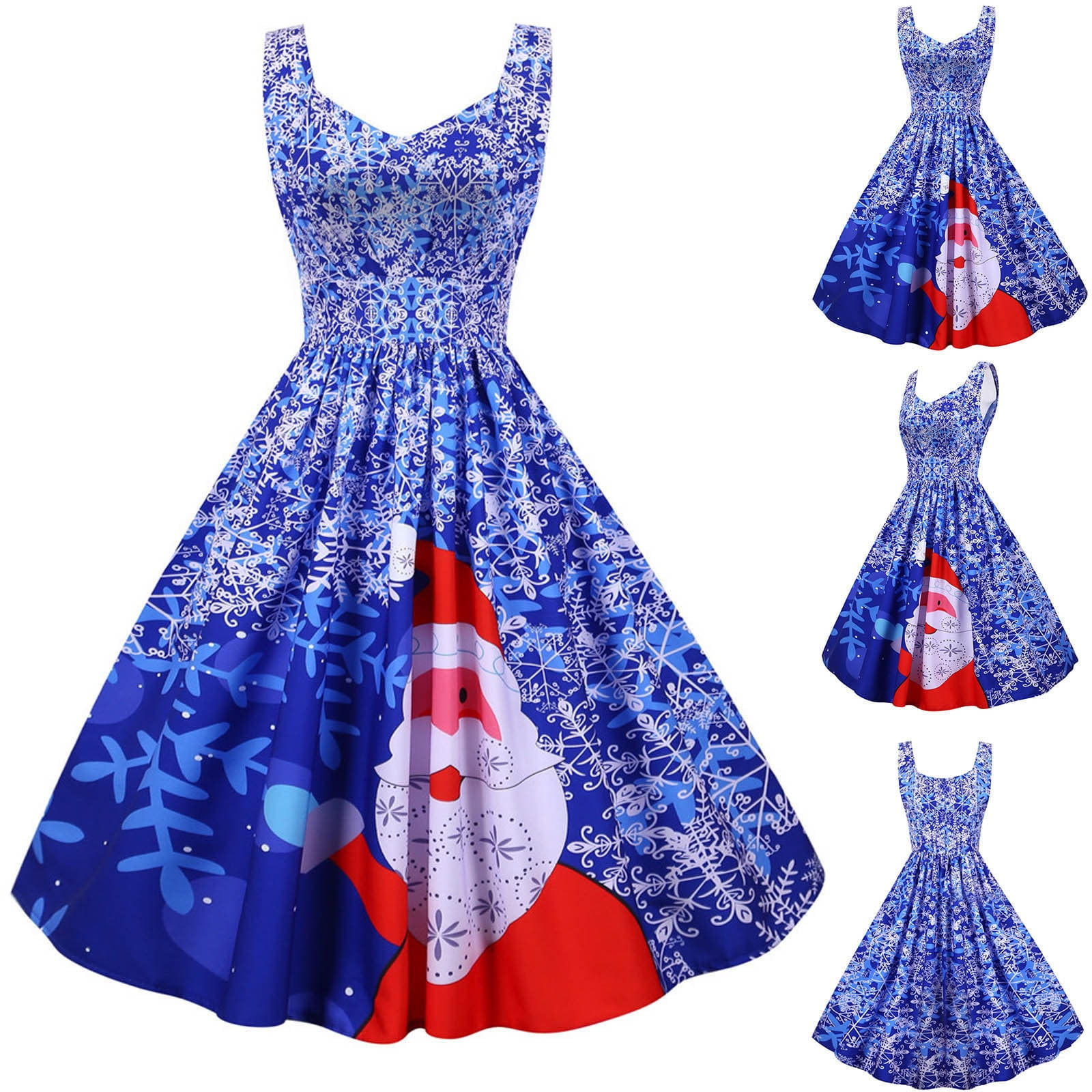 Women Christmas Cocktail Sleeveless Dress Xmas Santa Snowflake Print ...