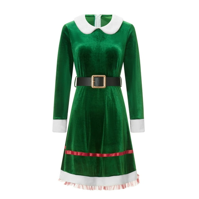 Women Christmas Elf Costume Velvet Dress With Belt Santa Helper Cosplay