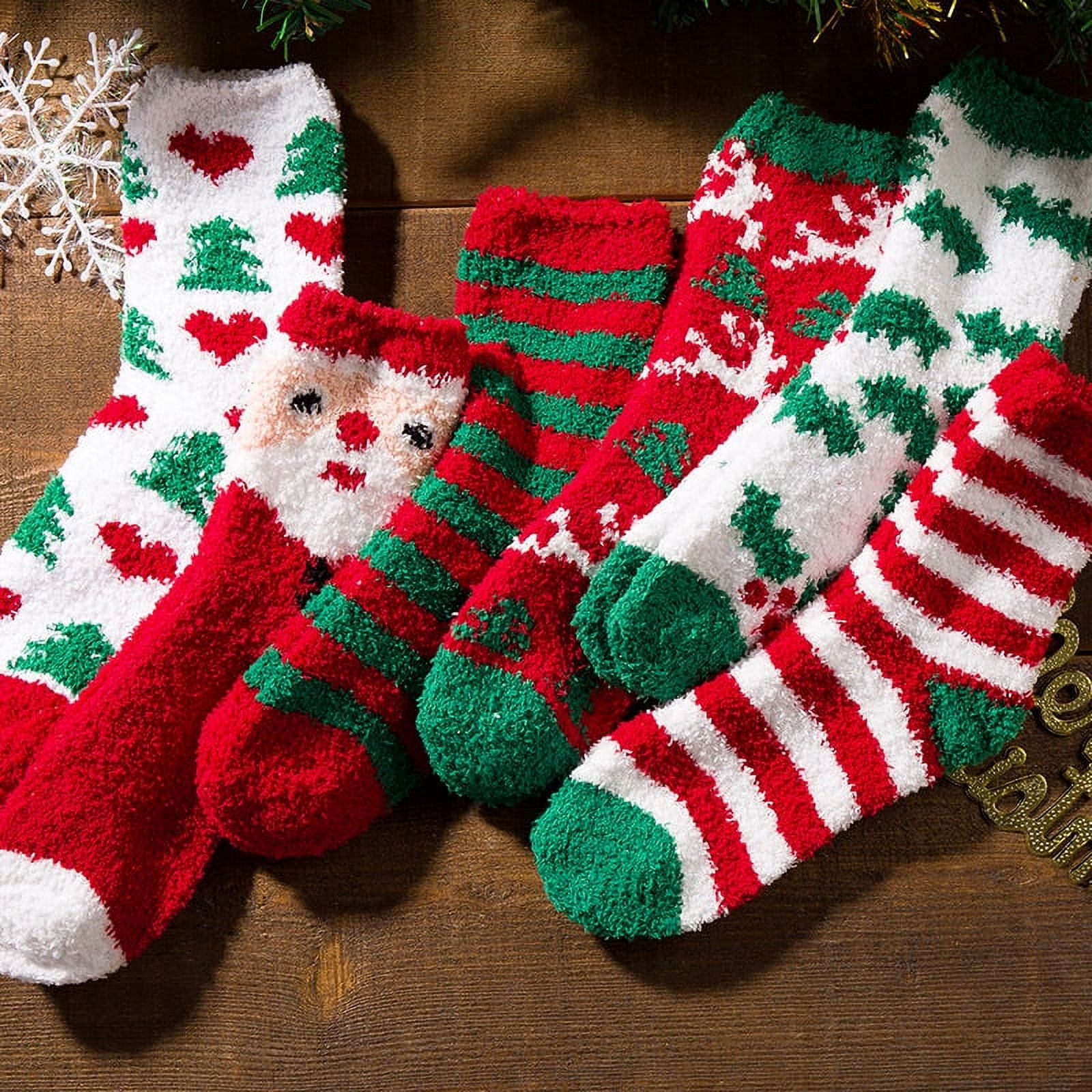 Womens Non Slip Christmas Fuzzy Socks Fluffy Winter Warm Cozy Striped Crew Socks Adult Home