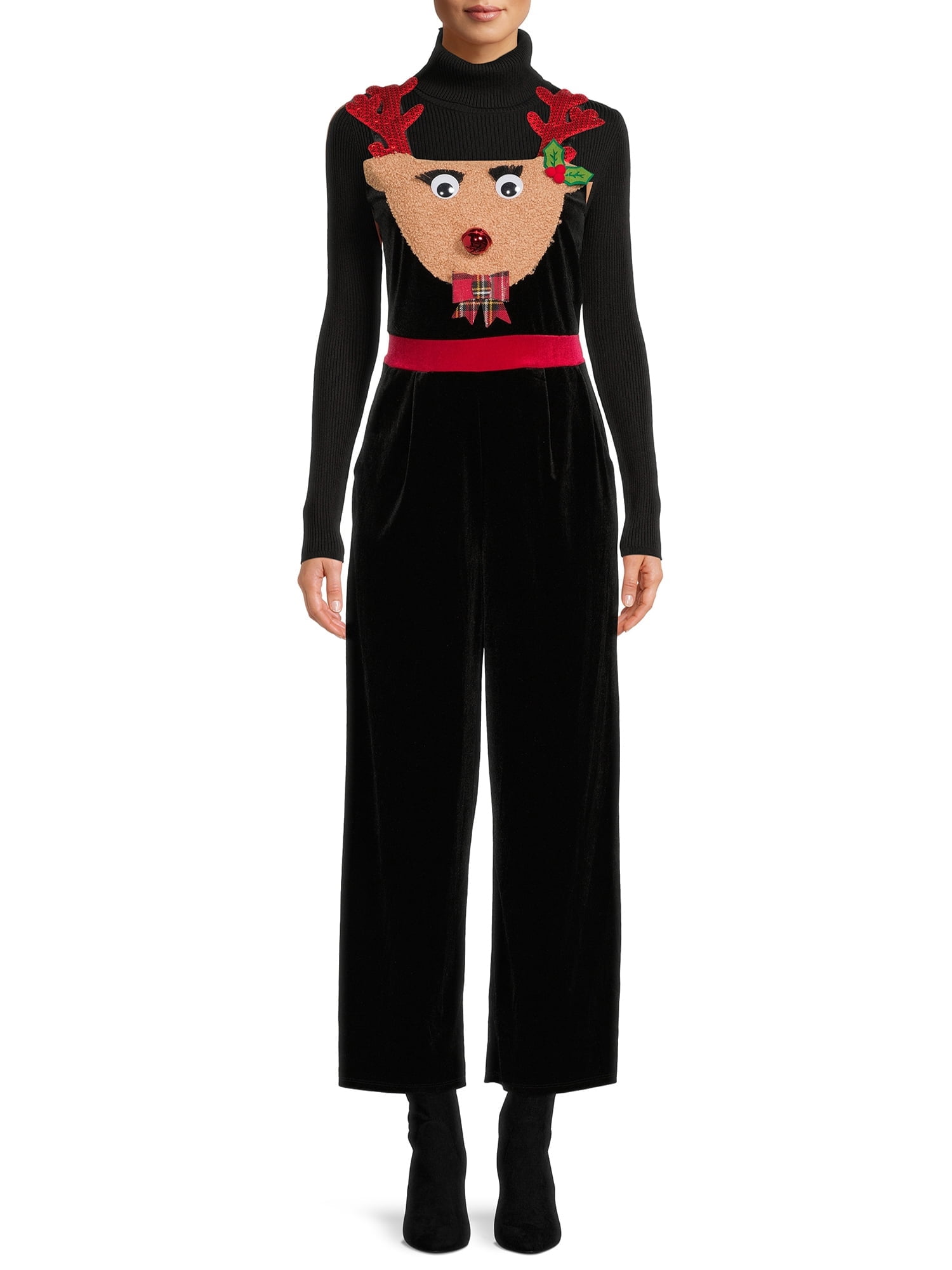 Women Christmas Overalls Velvet Wide Leg Romper Pants Santa Sleeveless ...