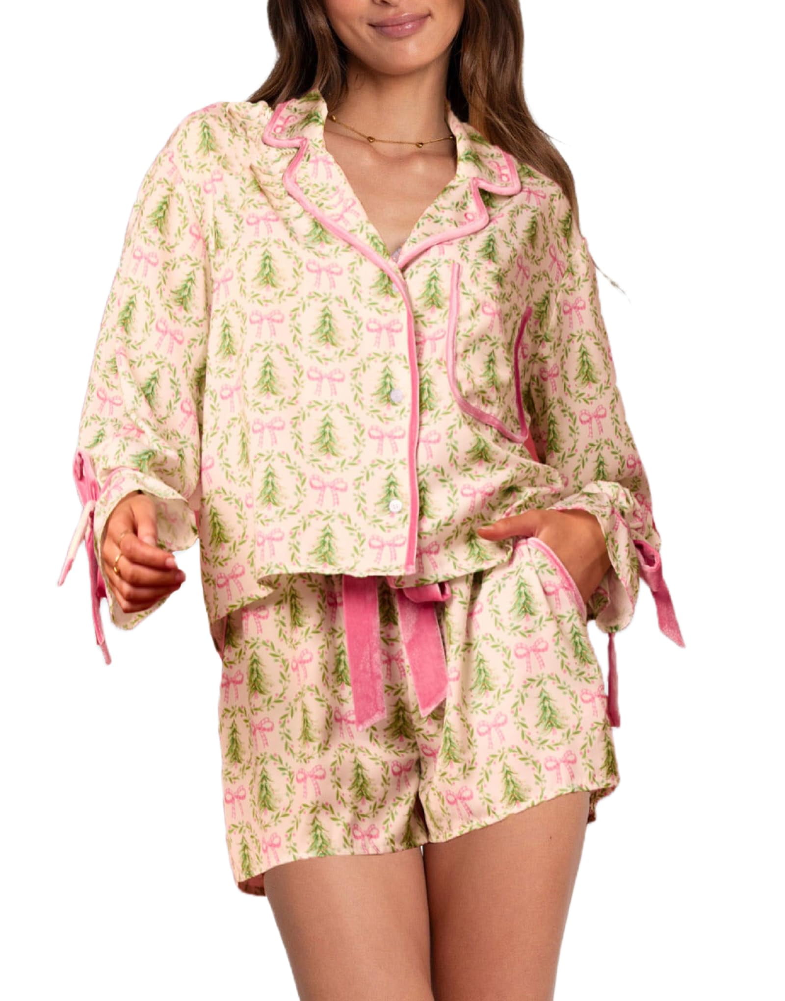 Women Christmas Pajamas Set Bow Tie Long Sleeve Button Down Shirt ...