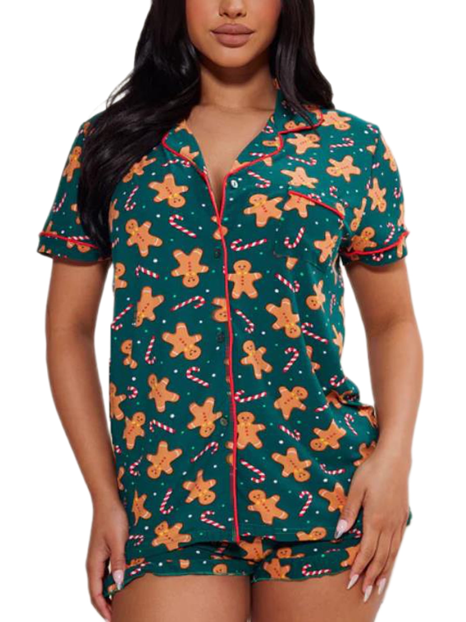 Women Christmas Pajamas Set Gingerbread Man Print Short Sleeve Button ...