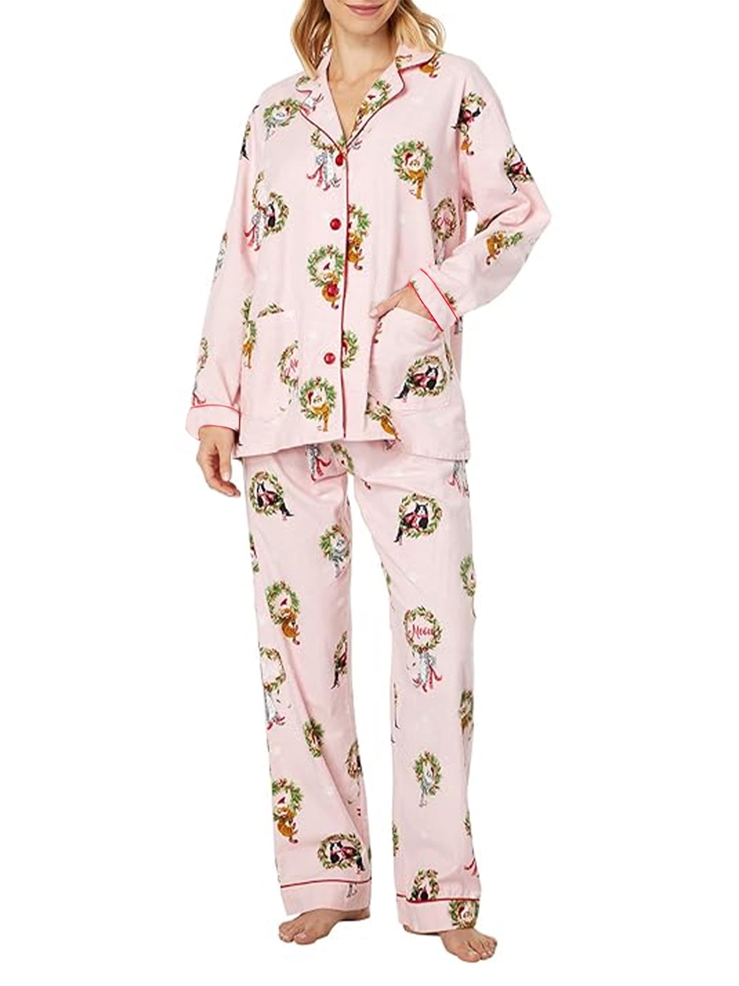 Women Christmas Pajamas Set Print Long Sleeve Button Down Shirt Pants ...