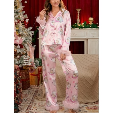 Women Christmas Pajamas Set Bow Tie Long Sleeve Button Down Shirt ...